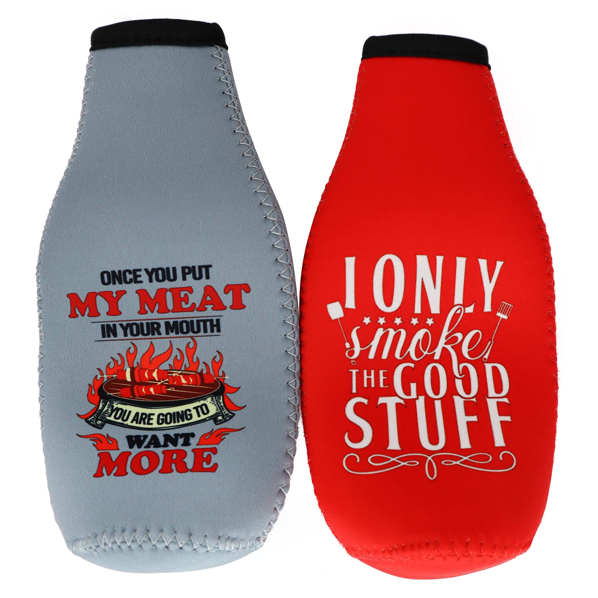 BBQ Smoker Bottle Coolies - Barbecue Meat Smoking Gift for Dad,Useful Gifts for Men Who Have Everything,Bottle Cooler Insulator Sleeve w Zipper,Built-In Removable Opener,Insulated 12 oz. Bottle Coolie