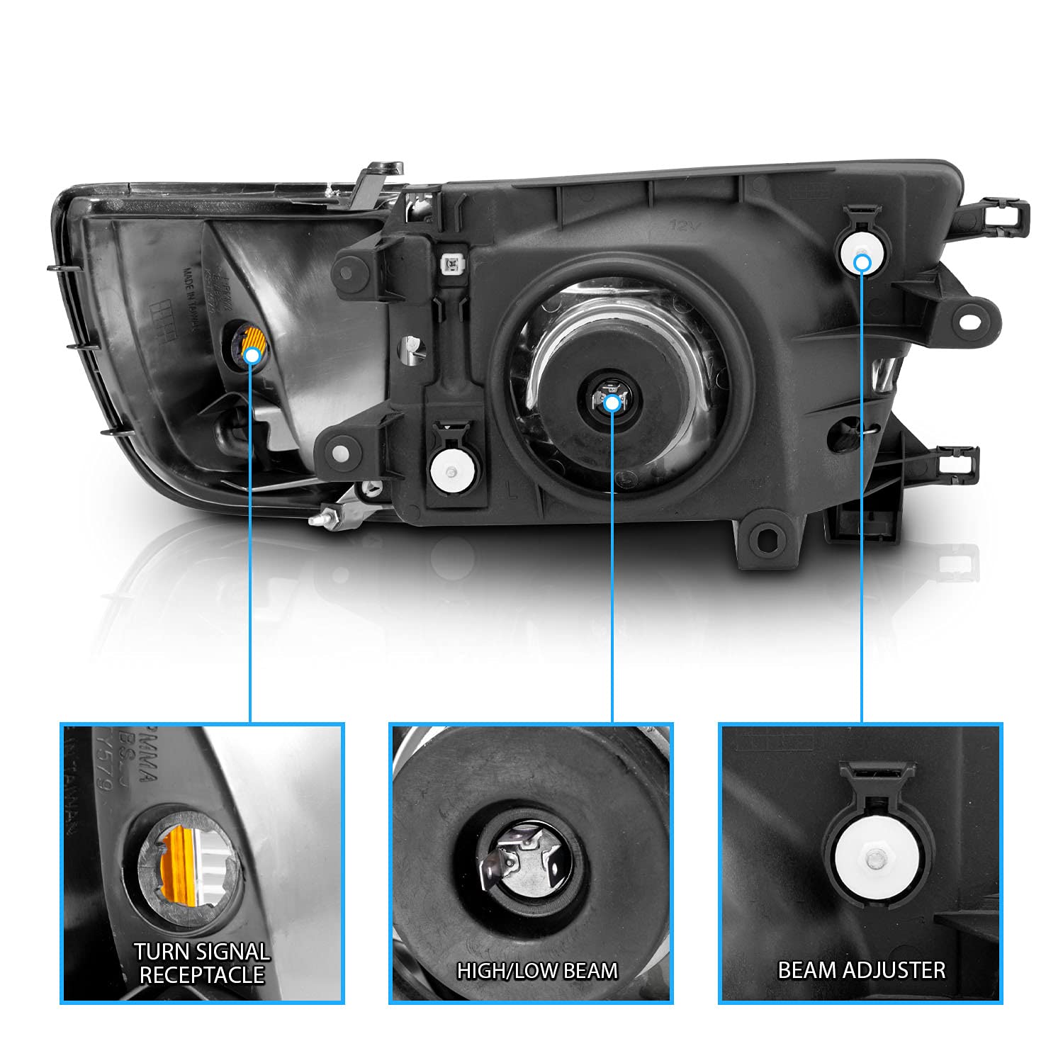 AmeriLite Replacement Halogen Headlights With Corner Lamp + Bracket For 1996-1998 Toyota 4Runner SUV N180 - Passenger and Driver Side, Vehicle Light Assembly, Black