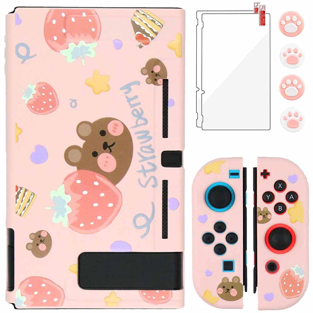 Aosai Case for Nintendo Switch, Protective Case Cover for Nintendo Switch and Joy Con Controller with 4 Thumb Grips and 2 Glass Screen Protector (Strawberry Bear Pink)