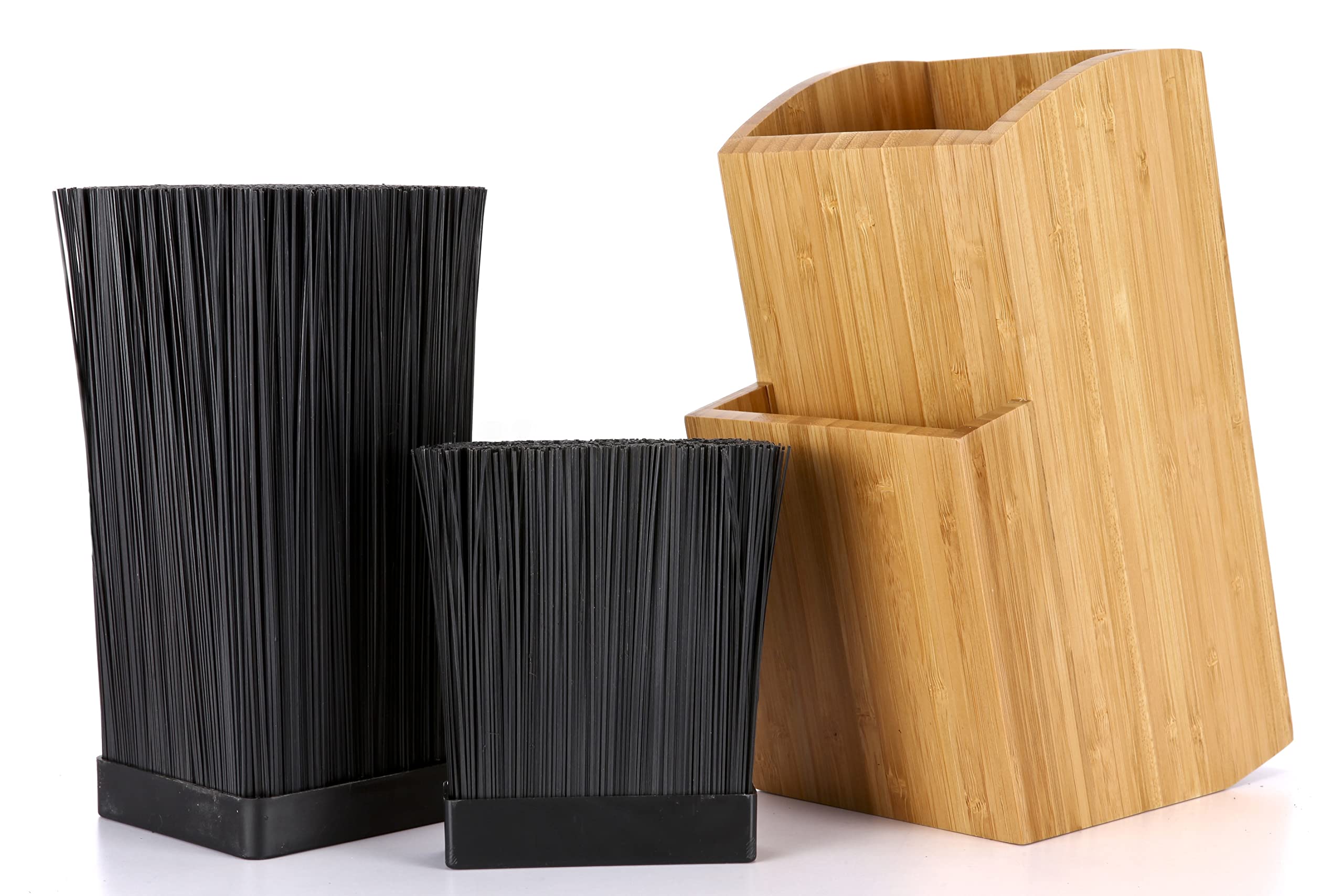 Bamboo Universal Knife Block - Extra Large Two-tiered Slotless Wooden Knife Stand, Organizer & Holder - Convenient Safe Storage for Large & Small Knives & Utensils - Easy to Clean Removable Bristles