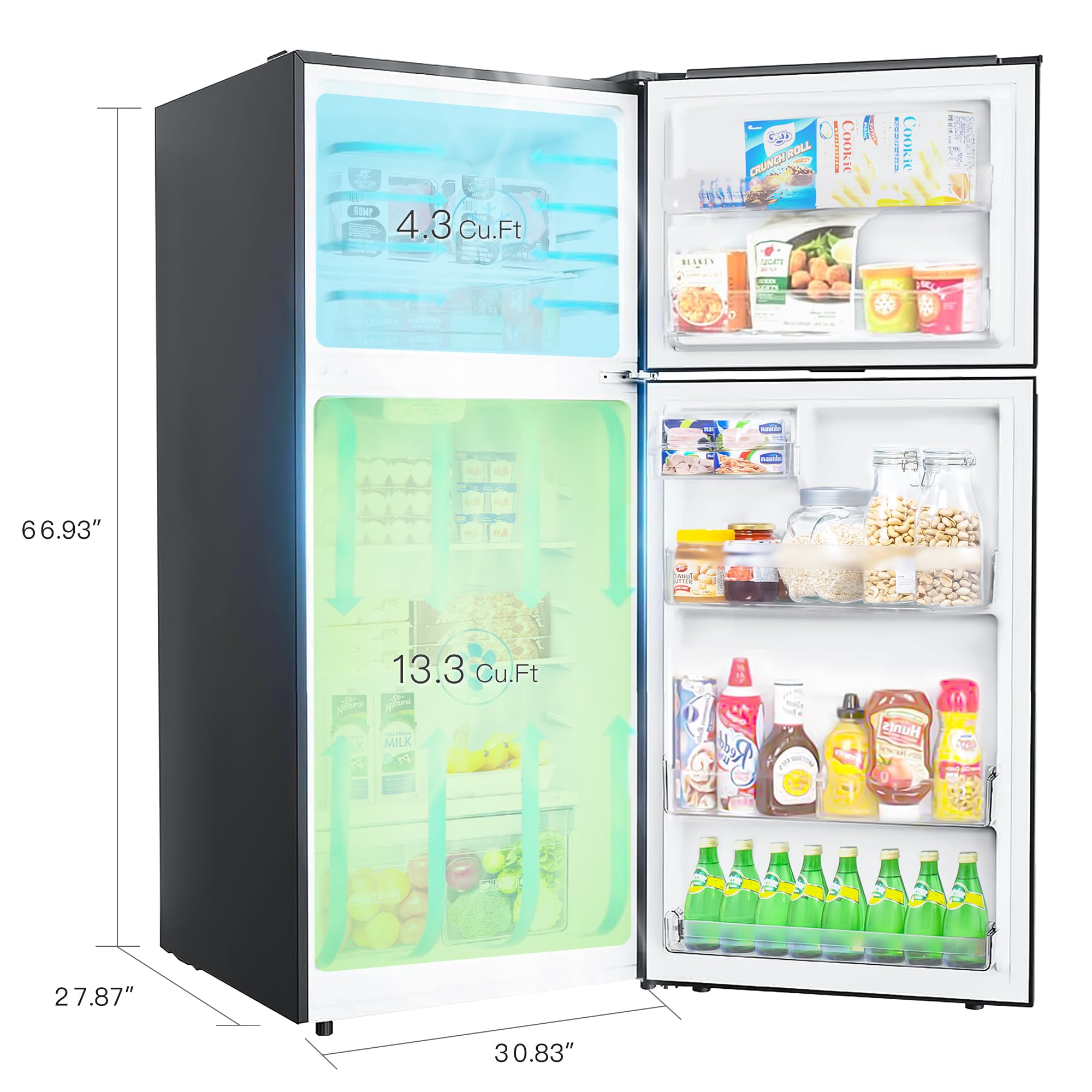 THFRIONE 30“ Top Freezer Refrigerator with 17.6 Cu. Ft.Capacity, Adjustable Thermostat Control, Full Size Freestanding Frost Free Fridge for Garage/Office/Home/Apartment, Stainless Steels Grey