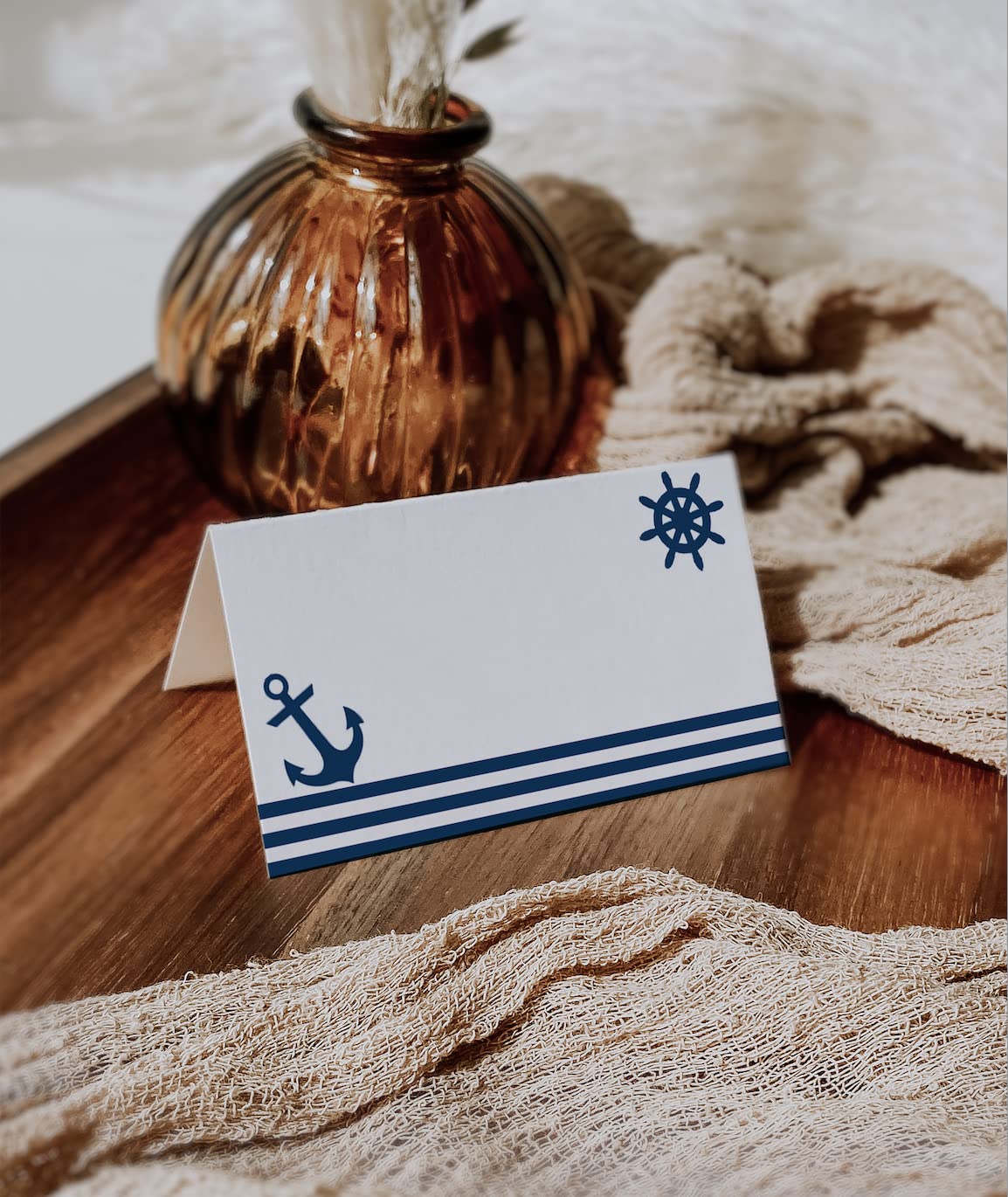 Nautical Place Cards - 25 Pack - Nautical Food Cards. Blue Anchor and Captain’s Wheel over Stripes Design, for Dinner Parties, Banquets, Cocktail Parties, Buffet. 2” x 3.5”. Scored for Folding.