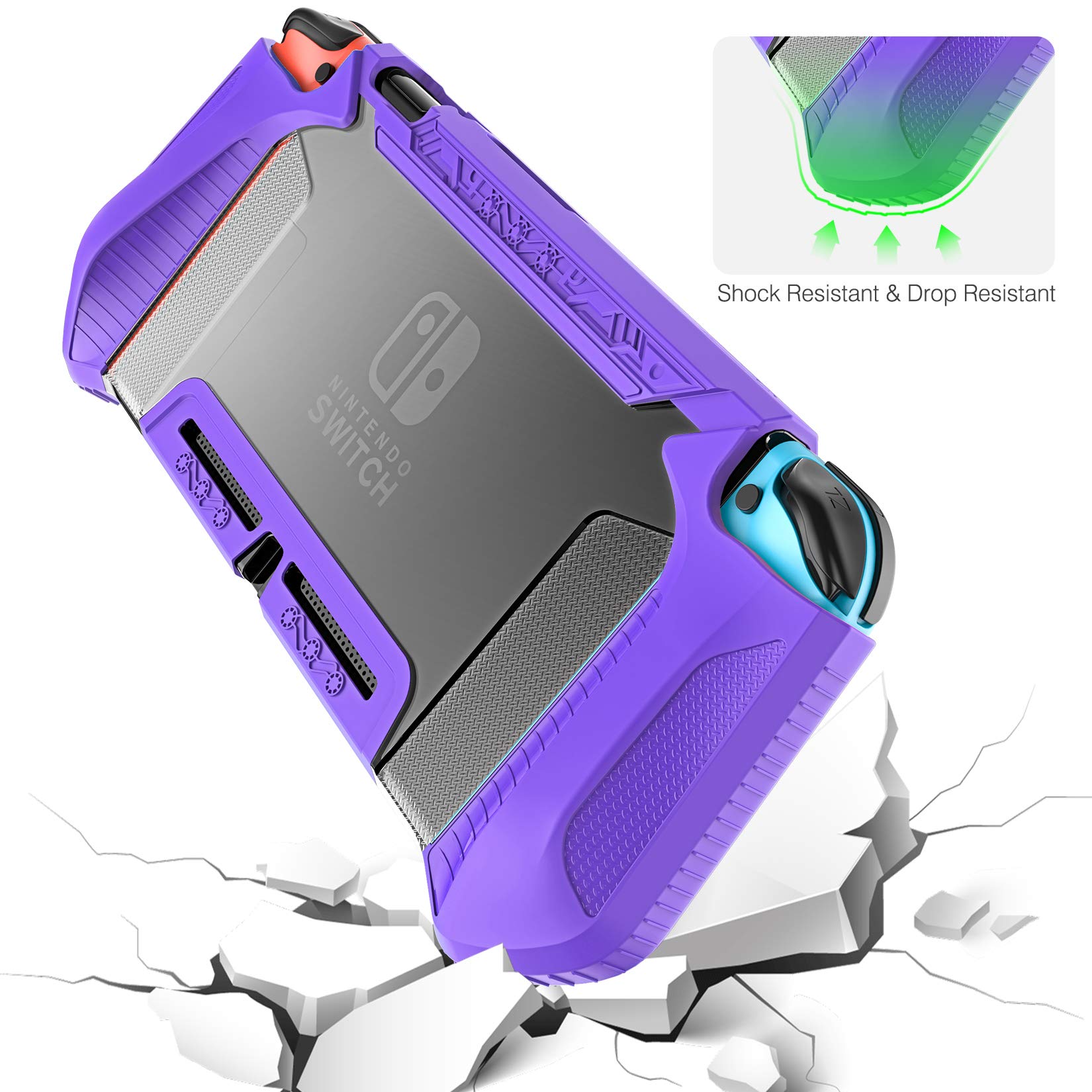 HEYSTOP Case Compatible with Nintendo Switch Case Screen Protector,TPU Protective Heavy Duty Cover Case for Nintendo Switch with Shock Absorption and Anti-Scratch (Transparent Purple)