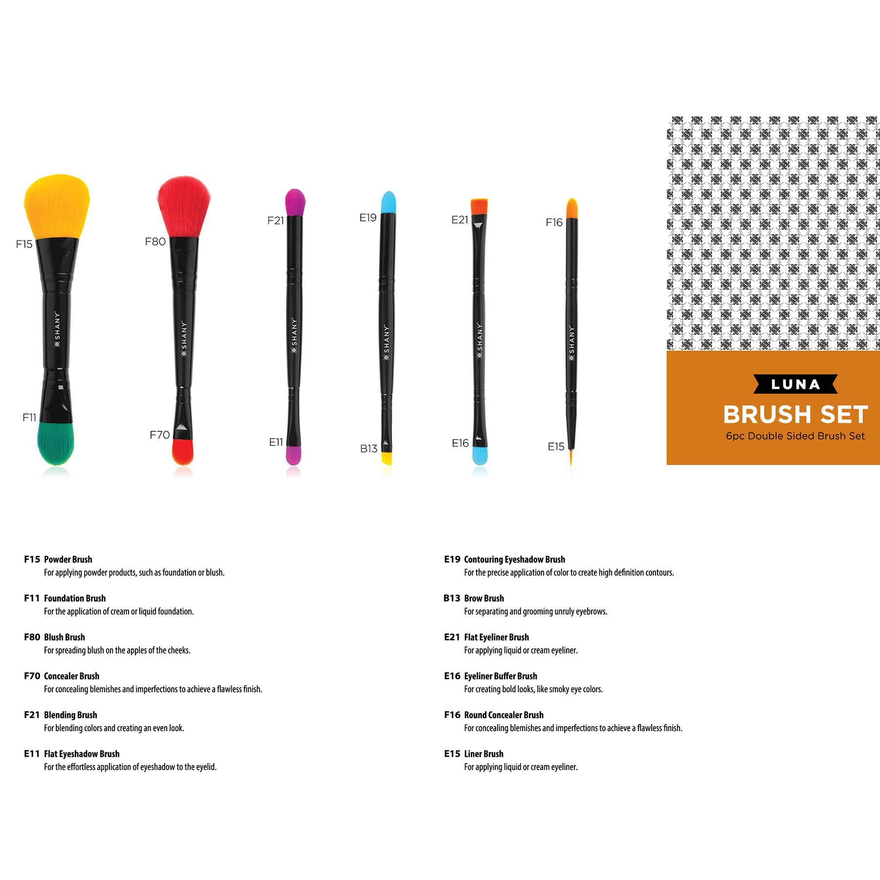SHANY Vegan Makeup Brushes - LUNA - 6 PC Double Sided Travel Make up Brushes with 12 unique Bristles - with Brush storage Pouch - Synthetic