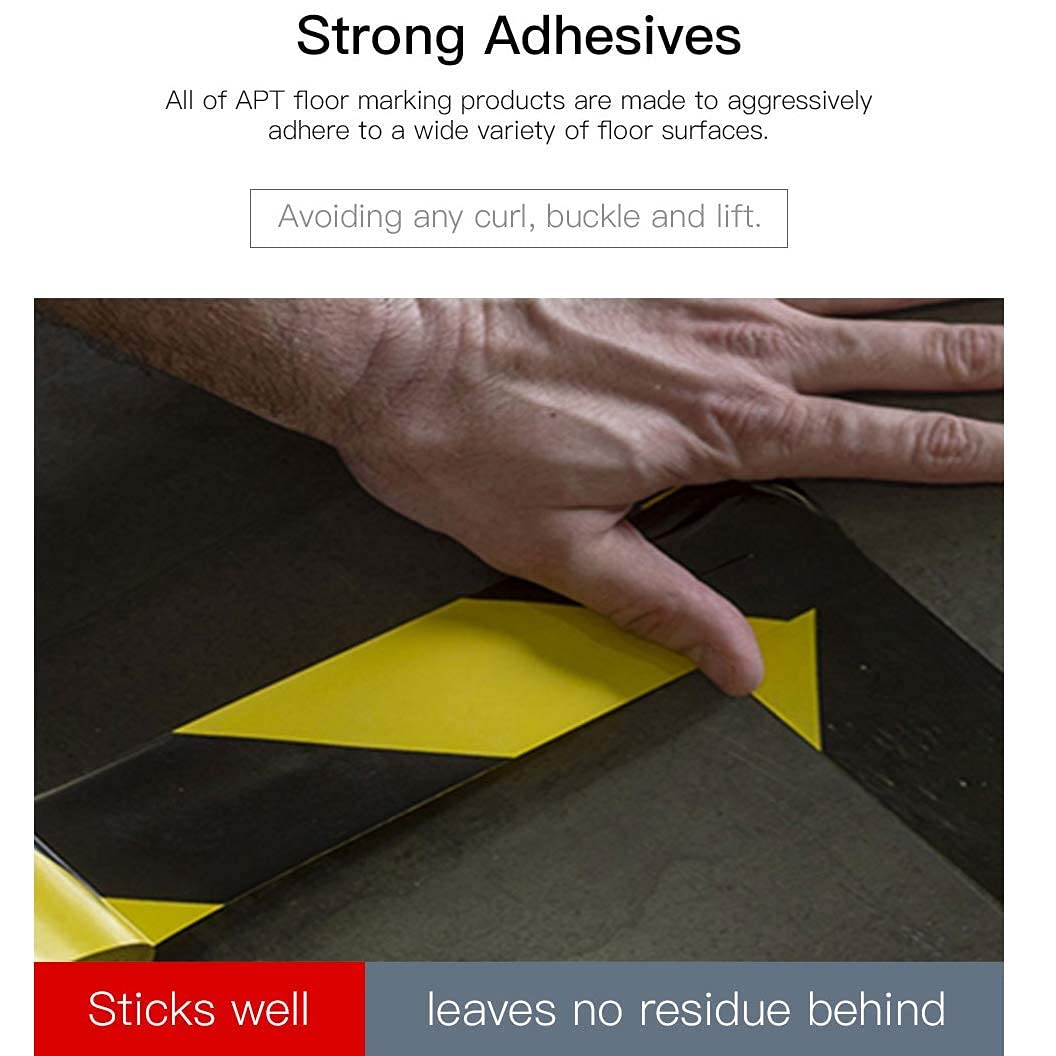 APT Premium Black and Yellow Striped Vinyl Floor Safety Marking Tape, Excellent for Hazard Caution& Warning, Social Distancing, Warehouse & Gym Floor (2 Inch, 5 Rolls, Yellow/Black)