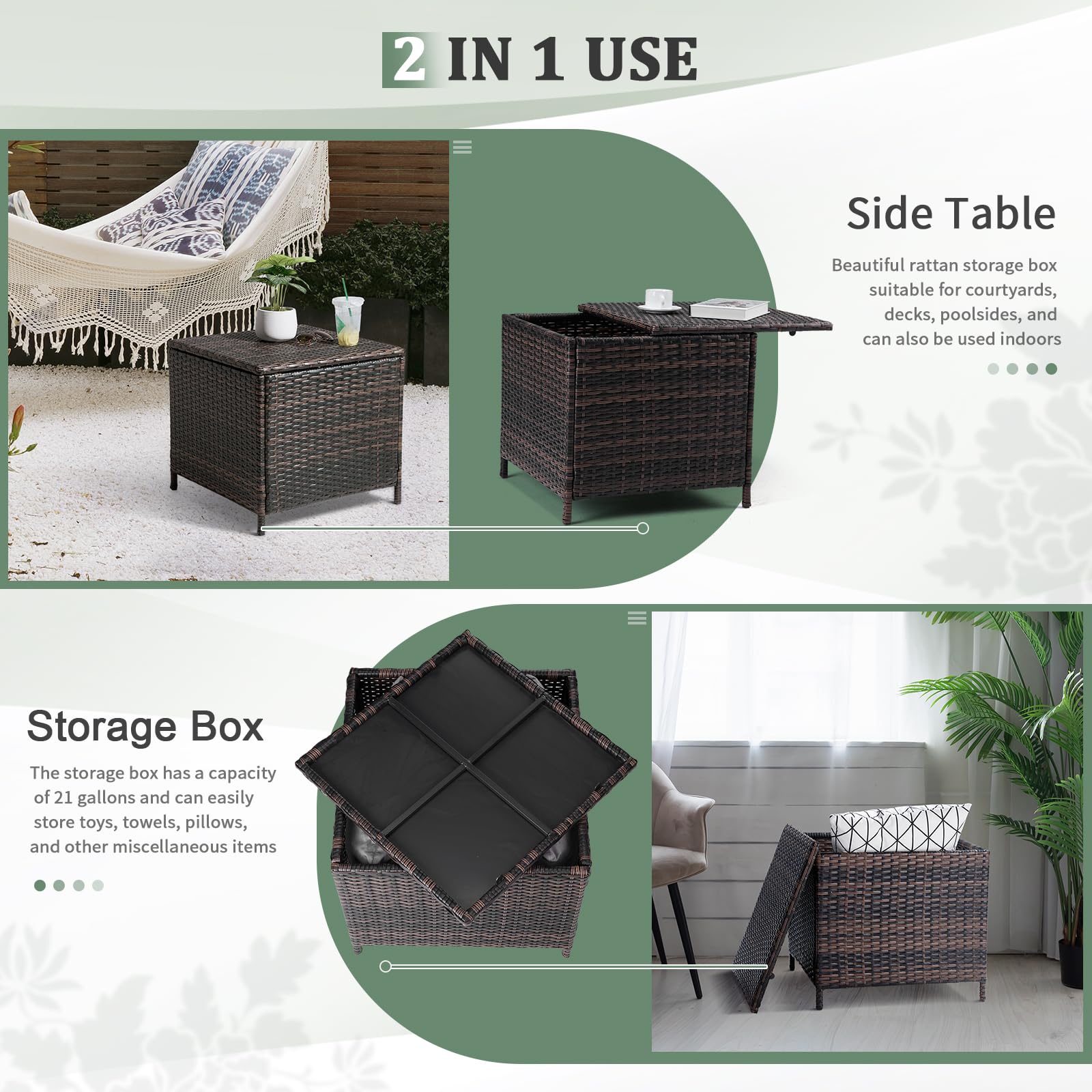 VINGLI Outdoor Side Table with Storage, 13-Gallon Storage Box Outdoor Wicker Side Table for Patio Storage Table (Trapezoidal), Middle, Brown
