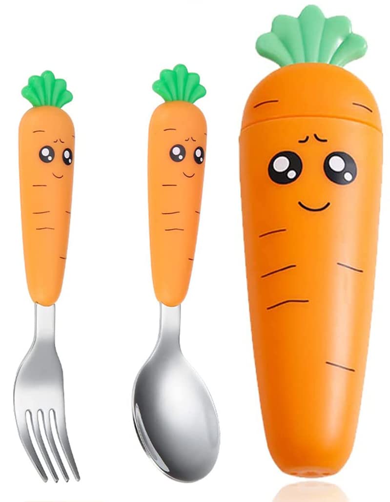 Travel Cutlery Set Baby With Case, 2 PCS Toddler Utensils, Kids Spoon And Fork Self-Feeding, Carrot Child Flatware Sets, Stainless Steel Fun Baby Silverware