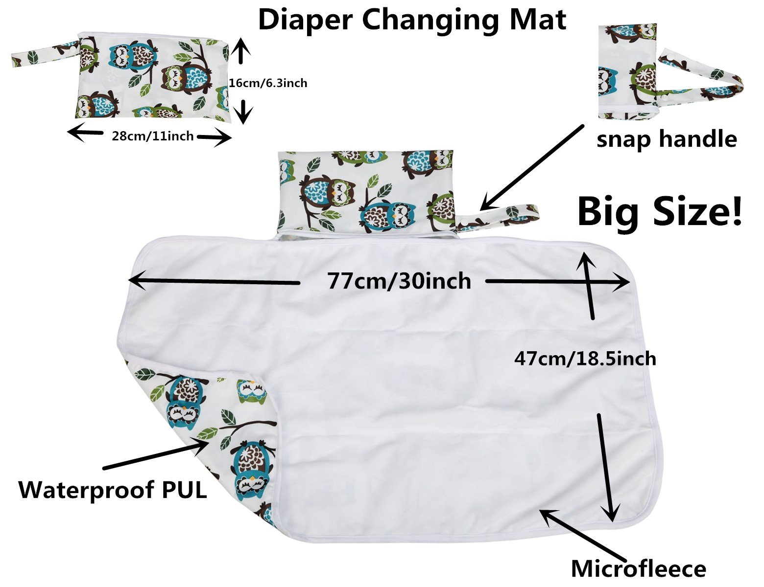 Sigzagor Baby Diaper Changing Mat Portable Foldable Washable Compact Travel Nappy Waterproof Play Mat 30inx18.5in,77cmx47cm (Owl)