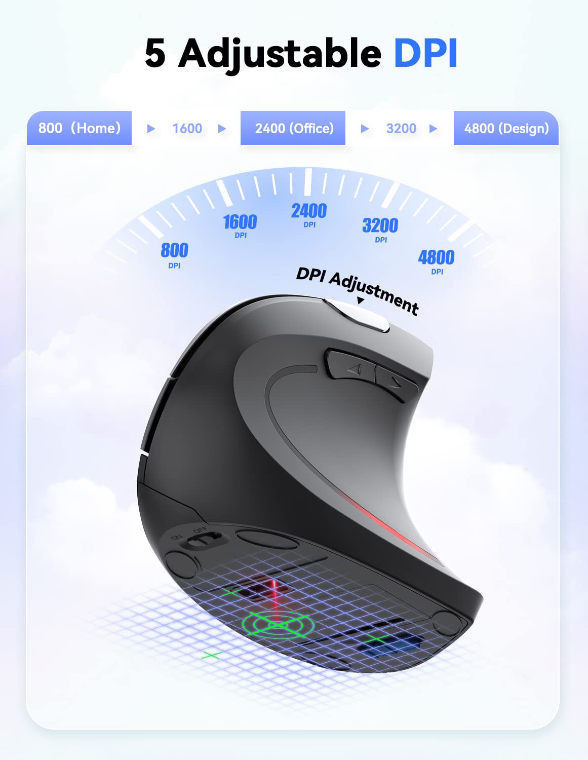 TECKNET Ergonomic Mouse, 4800 DPI Wireless Vertical Mouse with 5 Adjustable DPI Levels, 2.4GHz Optical Carpal Tunnel Mouse, 6 Buttons Wireless Mouse for Laptop, Desktop, PC, MacBook - Grey
