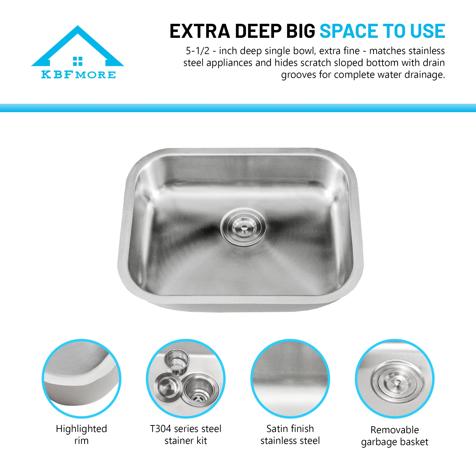 KBFmore 23 Inch Single Bowl ADA Compliant Stainless Steel Kitchen Sink, Rust Resistant Sound and Heatproof Shallow Drain 18 Gauge Undermount Sink with Sink Strainer and Removable Garbage Basket