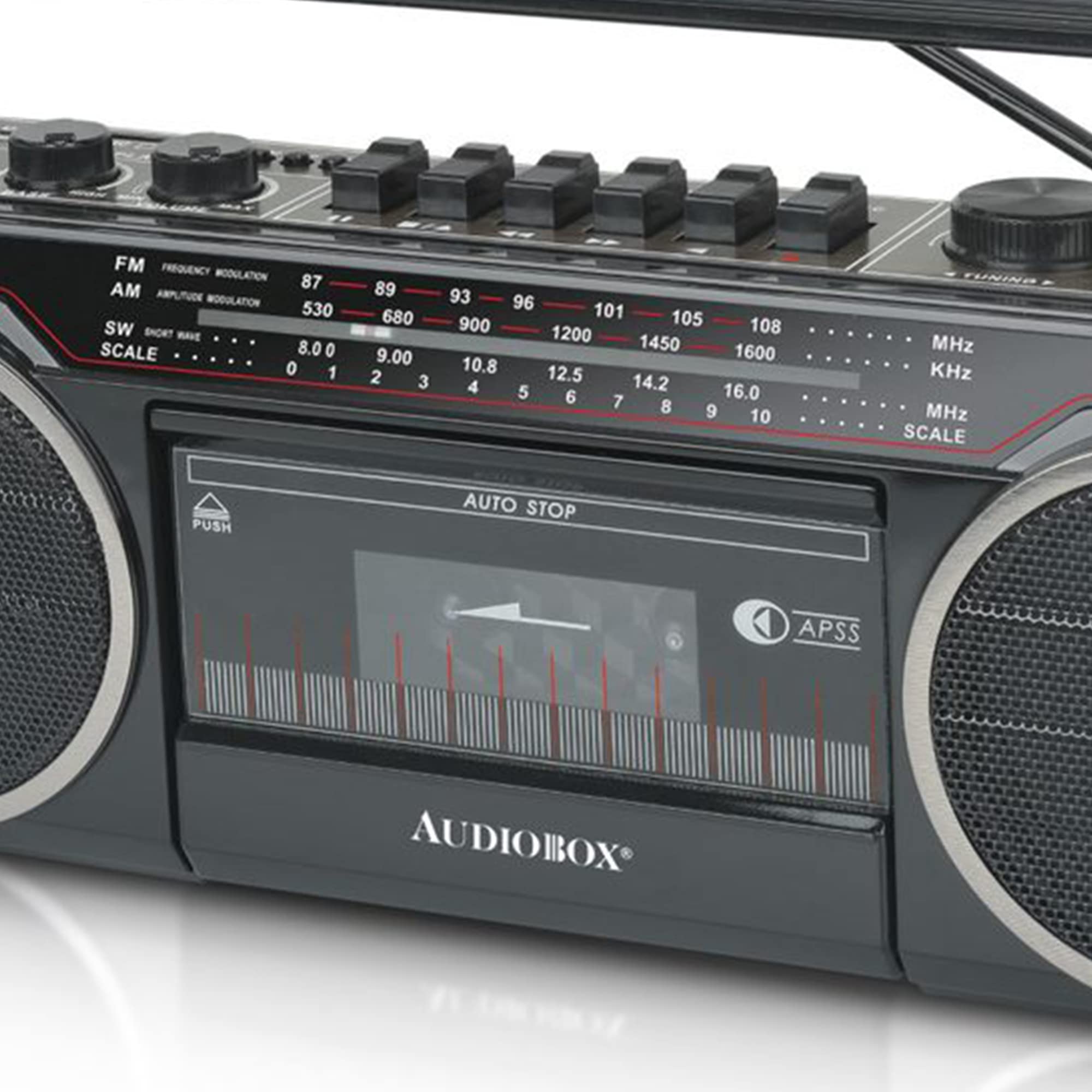 AudioBox RXC-25BT Retrobox 2 Way Speaker System Boombox w/Bluetooth Connectivity, AM/FM/SW Radio, USB and SD Card Connection, & Cassette Player, Black