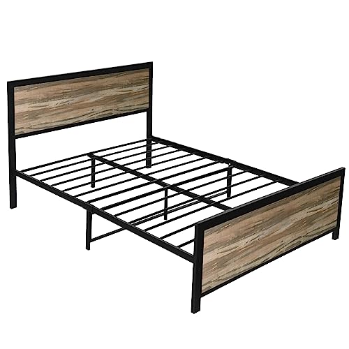 Catrimown Queen Size Bed Frame with Wooden Headboard and Footboard, Queen Platform Bed with Storage, Wooden Metal Bed Frame, Strong Slat Support/No Box Spring Needed/Easy Assembly, Industrial Brown