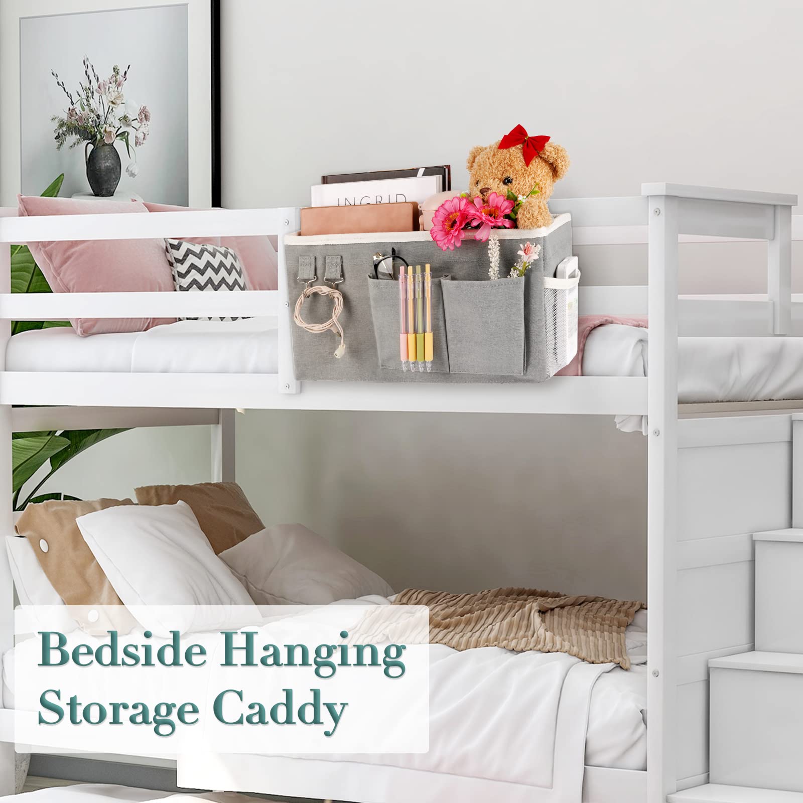 Casremee Bedside Caddy Bedside Storage Bag Hanging Organizer for Bunk Hospital Beds Dorm Rooms Bed Rails Can be Placed Books Mobile Phones Keys Water Bottle (Grey)