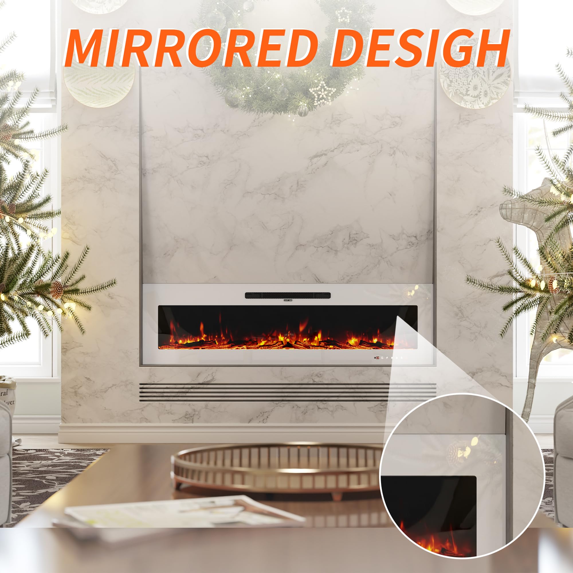 Amerlife 50" Electric Fireplace Wall Mounted, Recessed and Freestanding, Fireplace Heater W/12 Flame Color and Brightness, Touch Screen & Remote Control, Log Set & Crystal Included, White