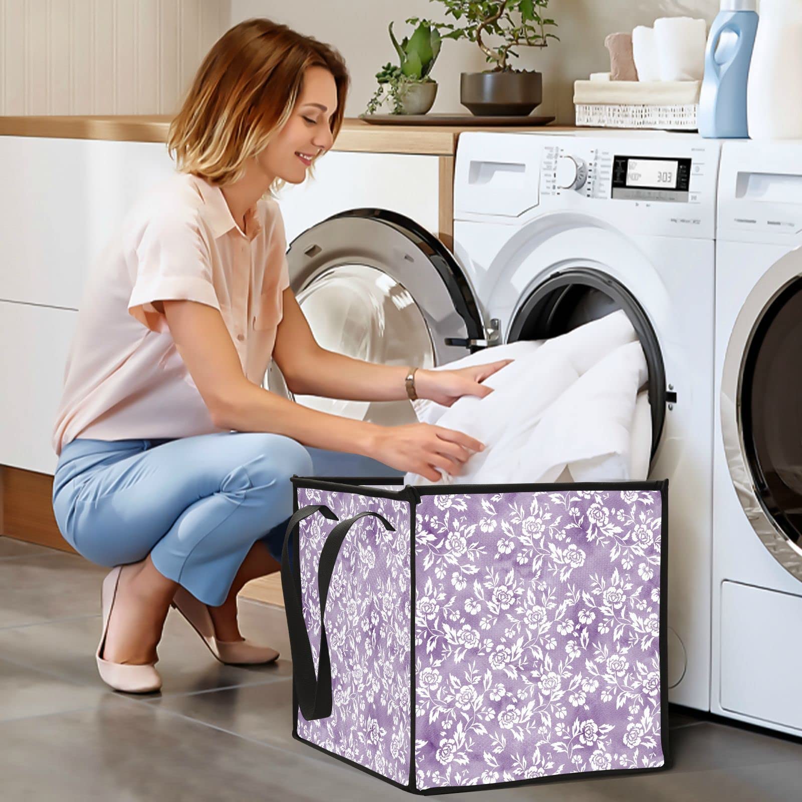 XIOMARA Foldable Storage Bins,Purple Pattern White Flowers Storage Baskets Cubes with Handles for Closet Nursery Office Grey and Black Trim (10.63x10.63x10.63in)