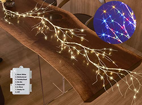 BAOLITVINE Birch Garland with Lights 6FT 100 Warm White and Multi Color Fairy Lights, Lighted Garland Battery Operated for Mantel Fireplace Wall Christmas Decoration Inside Outdoor