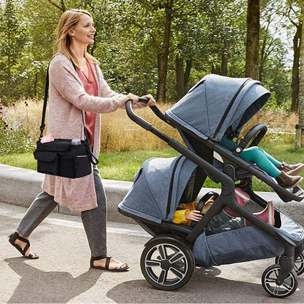 Baby Stroller Organizer, Universal Stroller Storage Bag with Insulated Cup Holders - Detachable Shoulder Strap, Stroller Accessory for Smart Moms,Compact Design Fit All Strollers(Black)