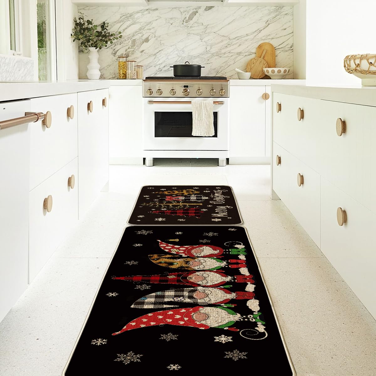 Artoid Mode Buffalo Plaid Tree Gnomes Black Christmas Kitchen Rugs Set of 2, Winter Low-Profile Floor Mat Merry Home Decora for Floor - 17x29 and 17x47 Inch
