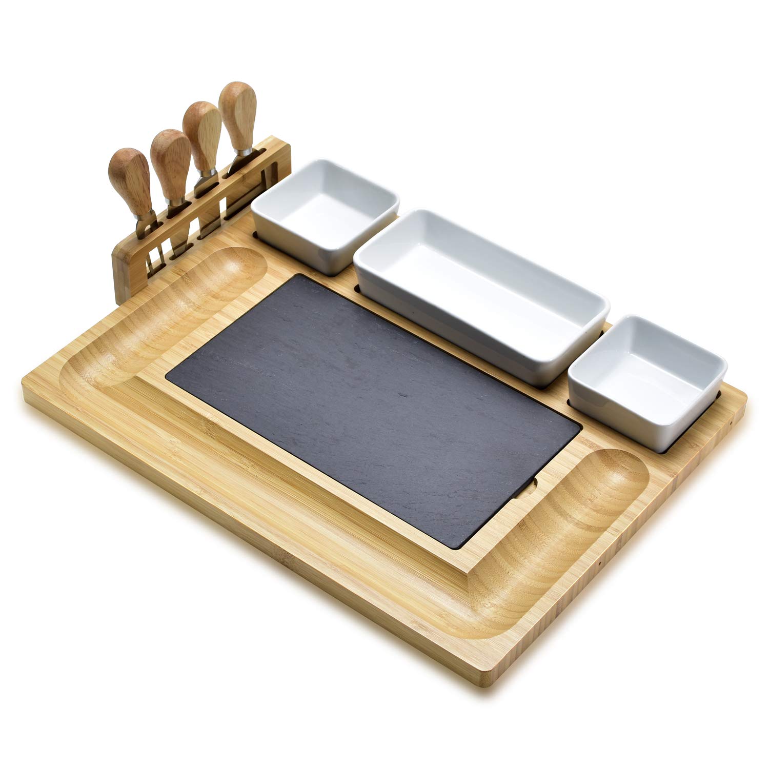 Bamboo cheese board and cheese knife set: large specialty dish board set and cheese platter - unique family warm keeping gift, new home, wedding anniversary and wedding gift, bride shower gift