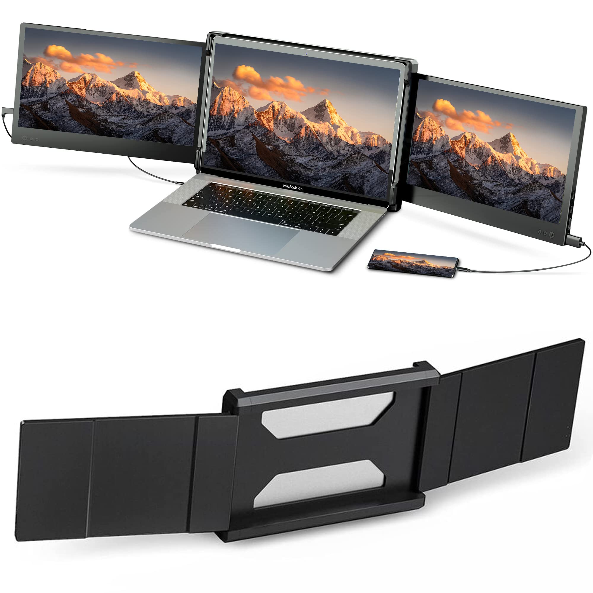 Fagomfer Laptop Screen Extender, P2 12" Triple Portable Monitor Tri Display 1080P FHD IPS USB/Type-C/HDMI 4 Speakers External Monitor Compatible with 13-16'' Windows/Mac/Android/Notebook