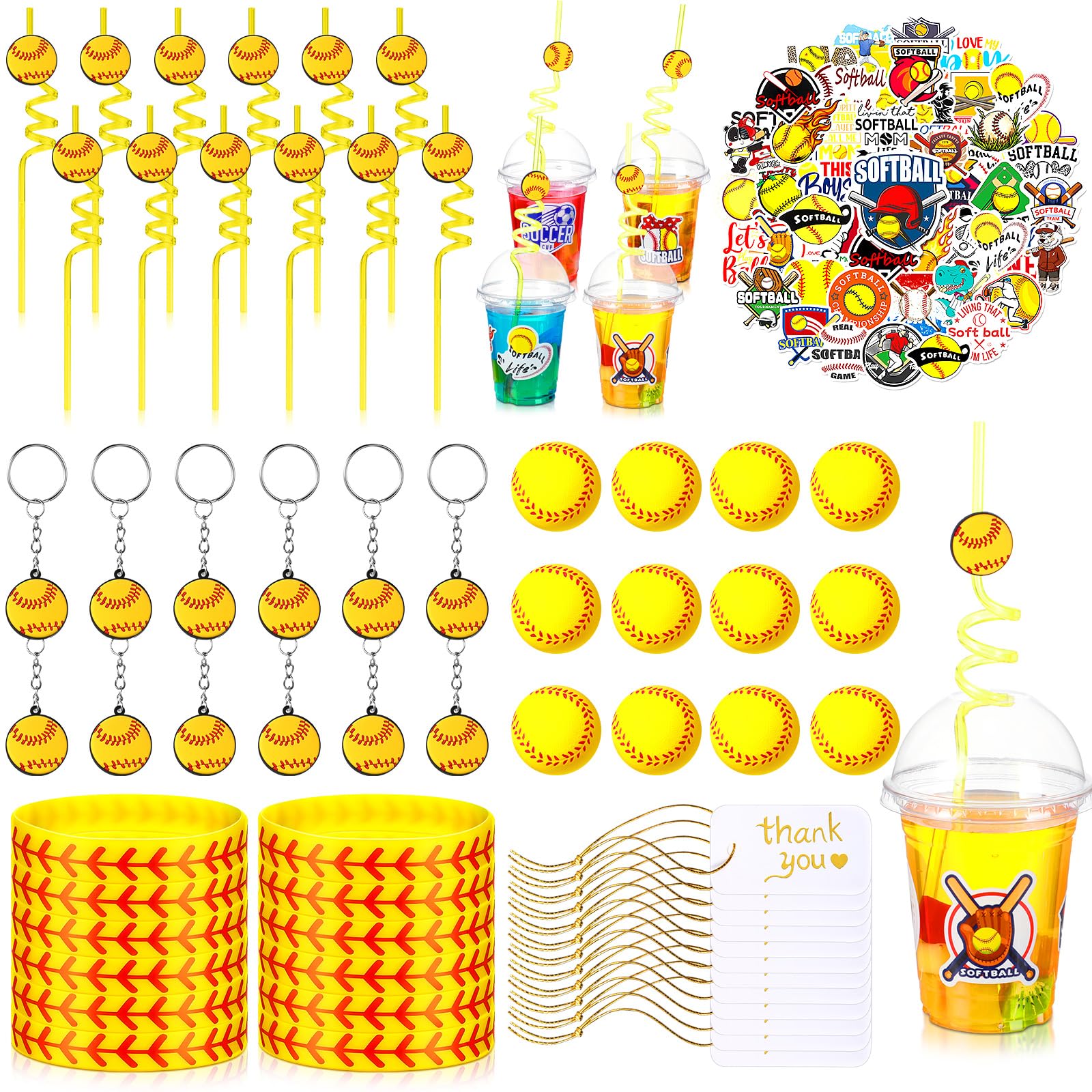 Sliner 122 Pcs Softball Party Favors Sets Includes Plastic Cups with Dome Lids Straws Stickers Mini Rubber Bracelets Softball Keychain Thank You Tag for Softball Party Birthday Decoration