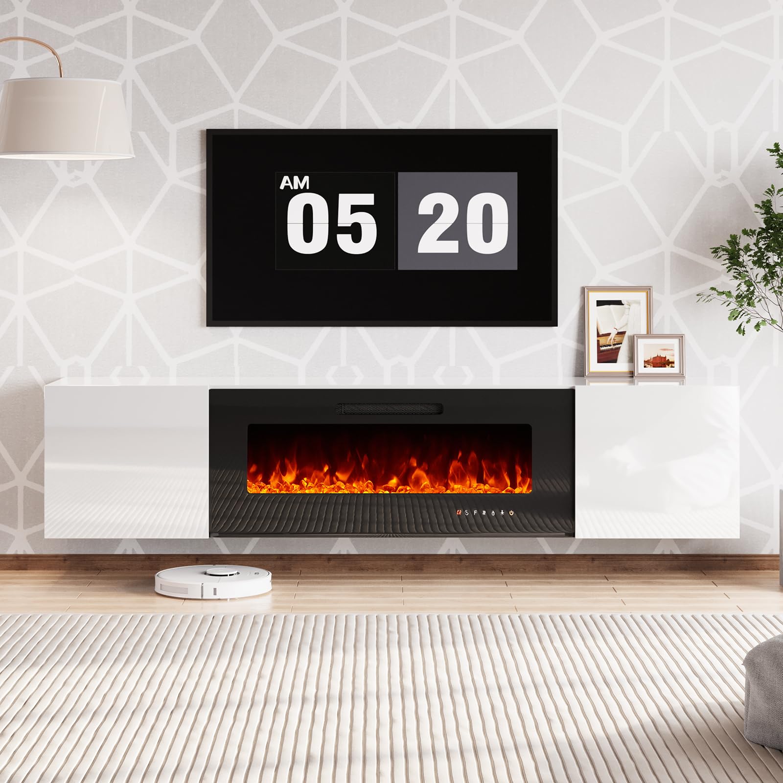 AMERLIFE Floating Fireplace TV Stand, Wall Mounted Mirrored Entertainment Center with 40" Electric Fireplace, Modern LED Lights Media Console for TVs Up to 90", White