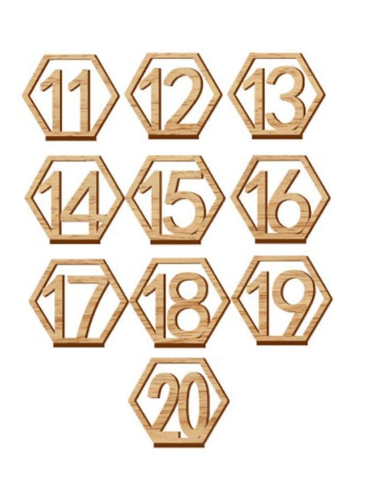 SYCOOVEN Wooden Table Numbers, 1-10 Wedding Table Numbers with Holder Base, Double Sided Hexagon Shape Perfect for Wedding, Party, Events or Catering Decoration(11-20)