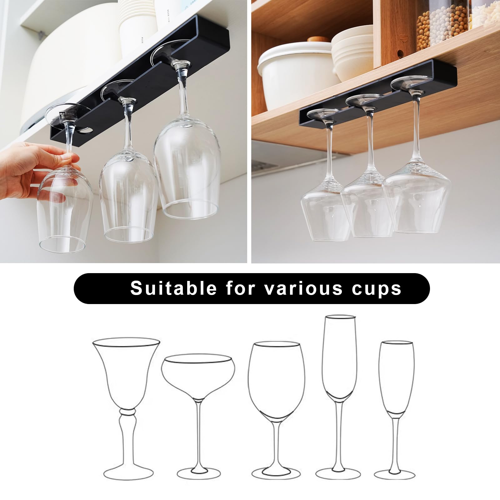 AQJUNONG Wine Glass Holder , 2 Pack Wine Glass Rack, No Drilling Wine Glass Holder Under Cabinet, Hanging Stemware Rack Organizer Hanger for Bar and Kitchen Cabinet(Classic Black)