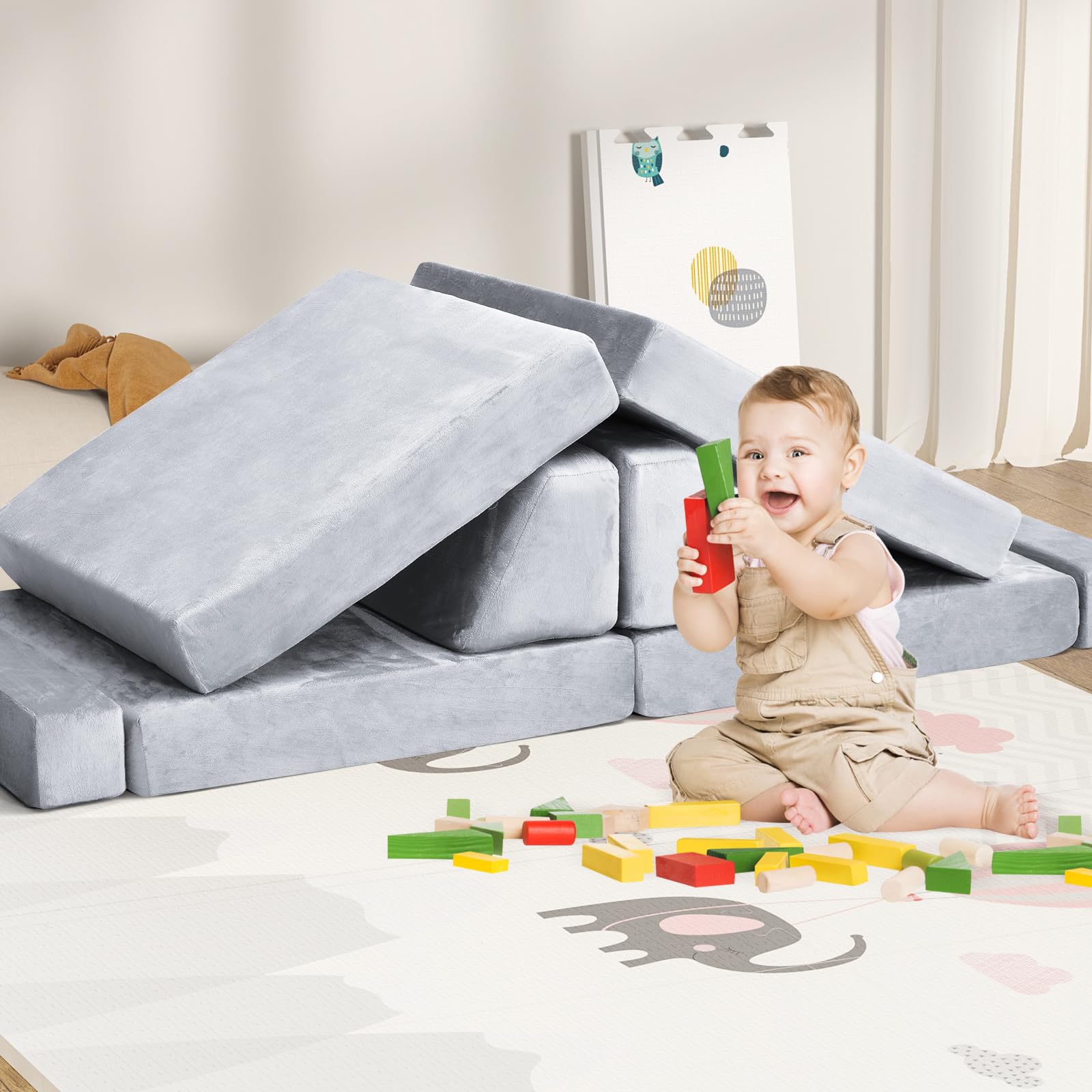 Mmucco Kids Play Couch, 10Pcs Toddler Couch, Kids Sofa Couch, Play Couch Sofa Playroom Bedroom,Modular Kids Couch for Playing, Creativing, Sleeping (Grey)