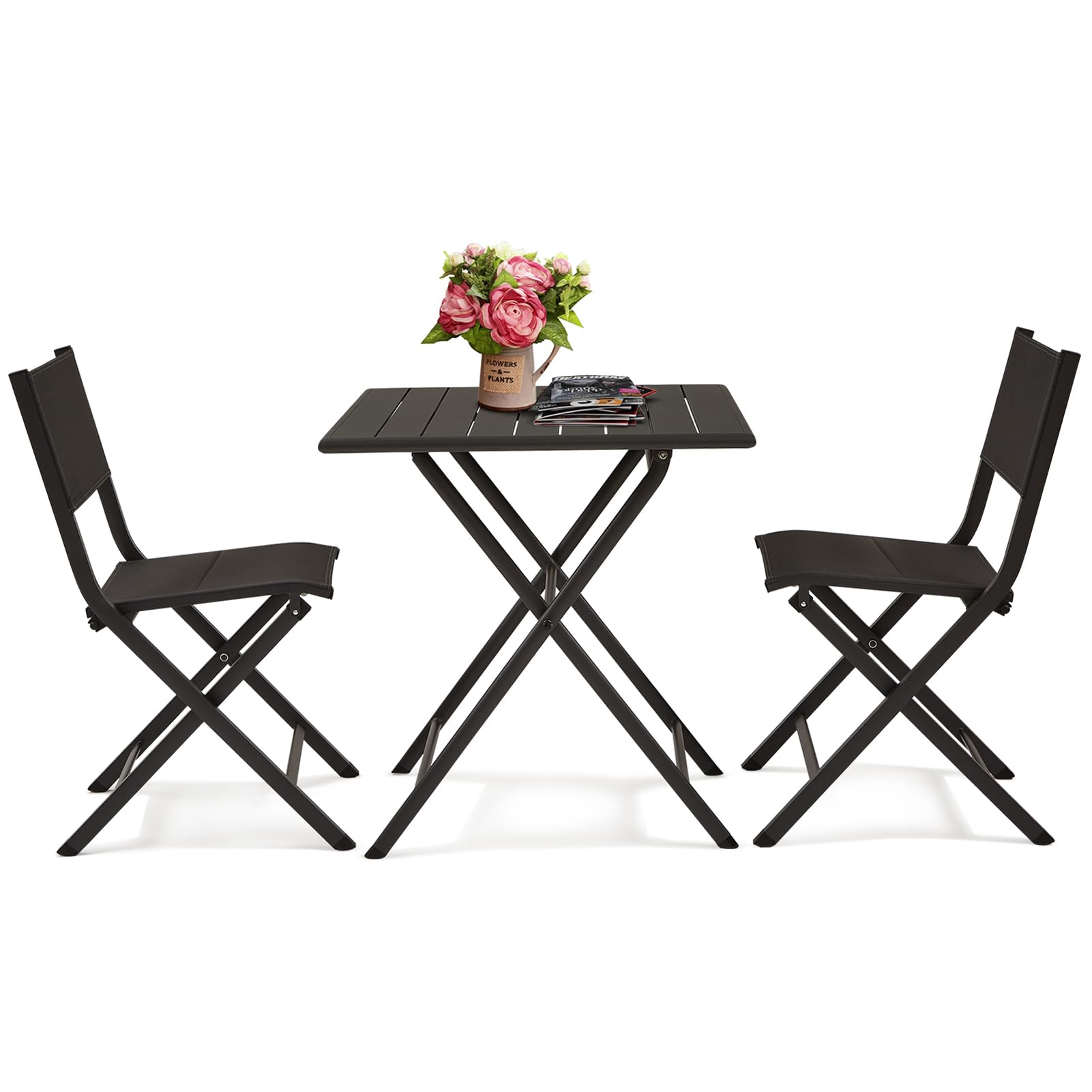 Eongdn 3 Pieces Patio Bistro Set, Padded Folding Aluminum Table and 2 Chairs, No Assembly Required, Weather-Resistant Outdoor Conversation Sets for Patio, Backyard