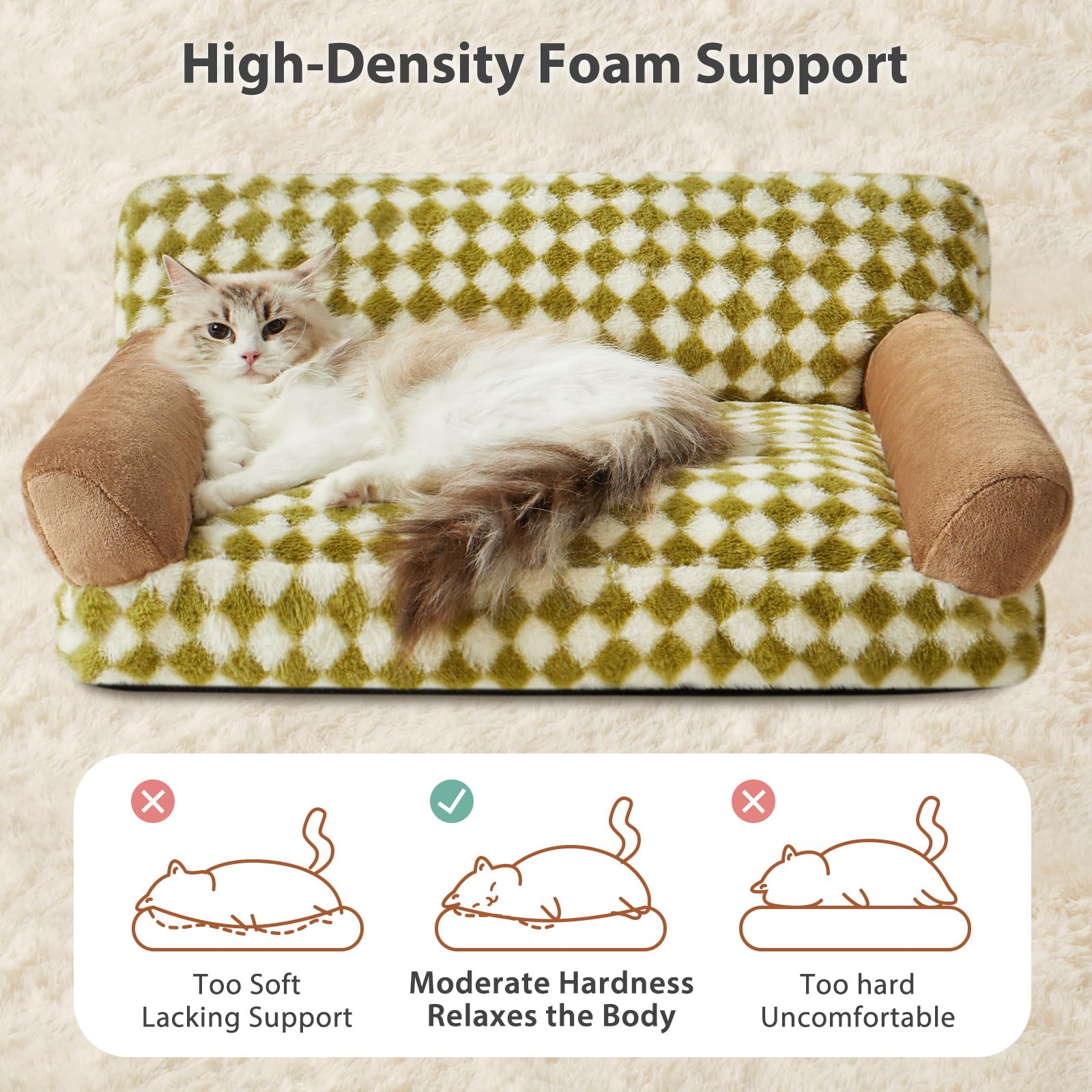 BFPETHOME Cat Couch Bed & Dog Couch Bed, Pet Couch Bed for Small Pet, Cute Dog Sofa Bed, Cat Sofa & Pet Sofa with Non-Slip Bottom, Checkered Dog Bed with Washable Cover (Green&White)