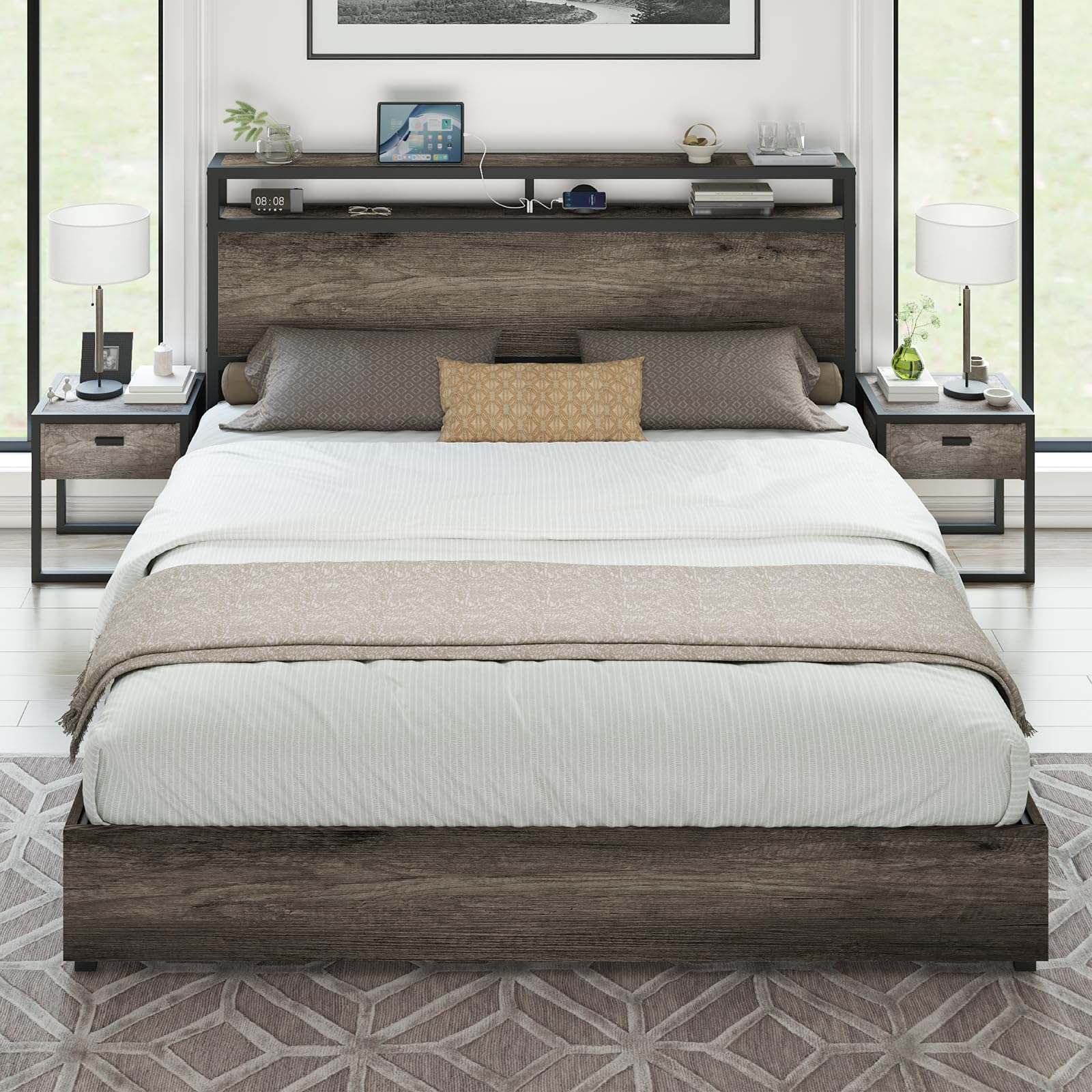 AMERLIFE King Size Storage Bed Frame, Wooden Platform Bed with Charging Station, 4 Drawers & Headboard/No Box Spring Needed/Noise-Free/Rustic Grey