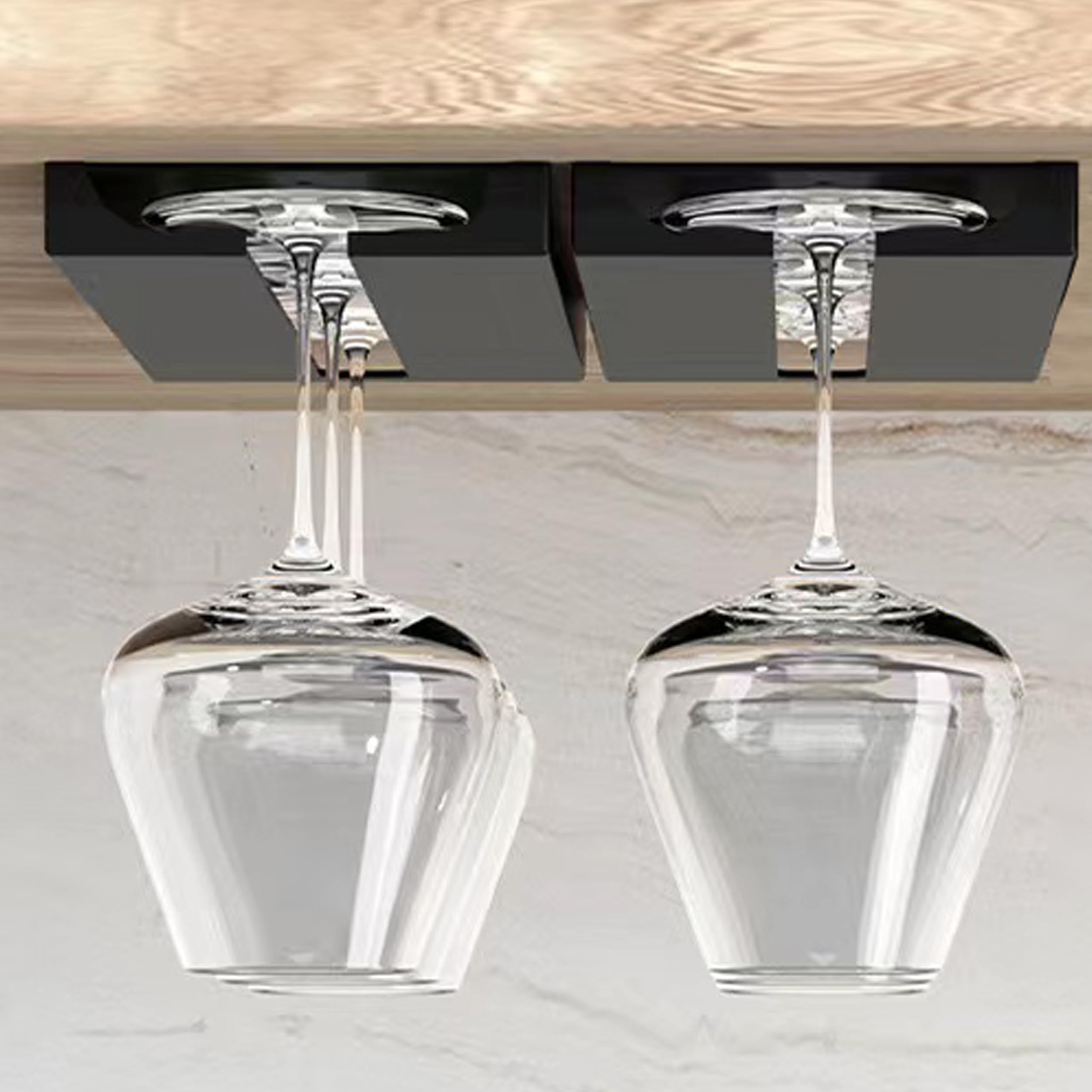 AQJUNONG Wine Glass Holder Under Shelf,2 Pack Wine Glass Rack - Punch-free Under Cabinet Stemware Wine Glass Holder Glasses Storage Hanger plastic Organizer for Bar self-adhesive(Classic Black)