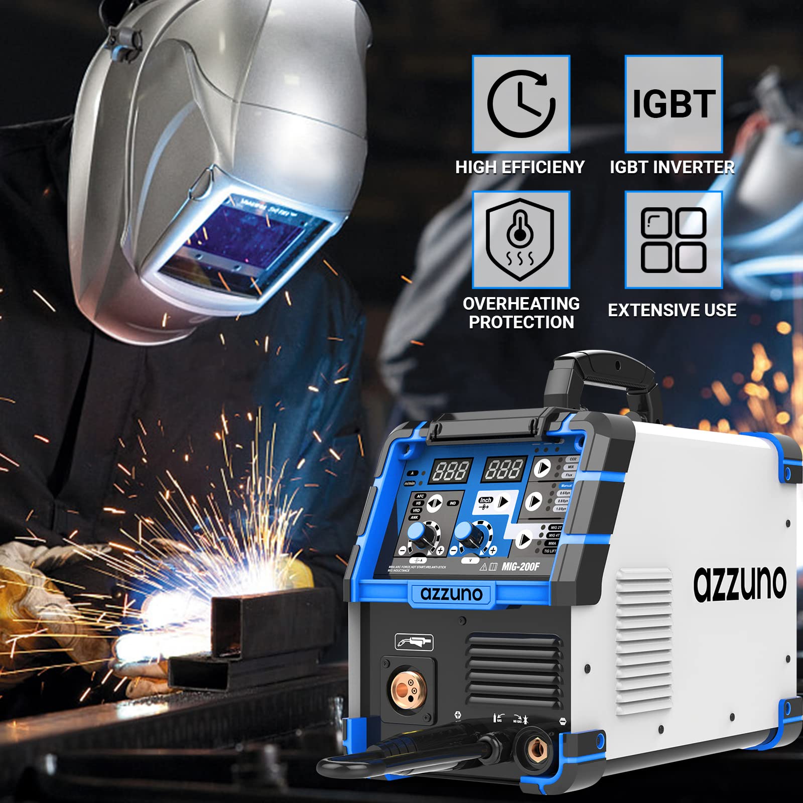 AZZUNO 200A MIG Welder,110V/220V Dual Voltage multiprocess welder,Gas Gasless MIG Welding Machine,4 in 1 Flux MIG/Solid Wire/Lift TIG/Stick ARC Welder (Grey)