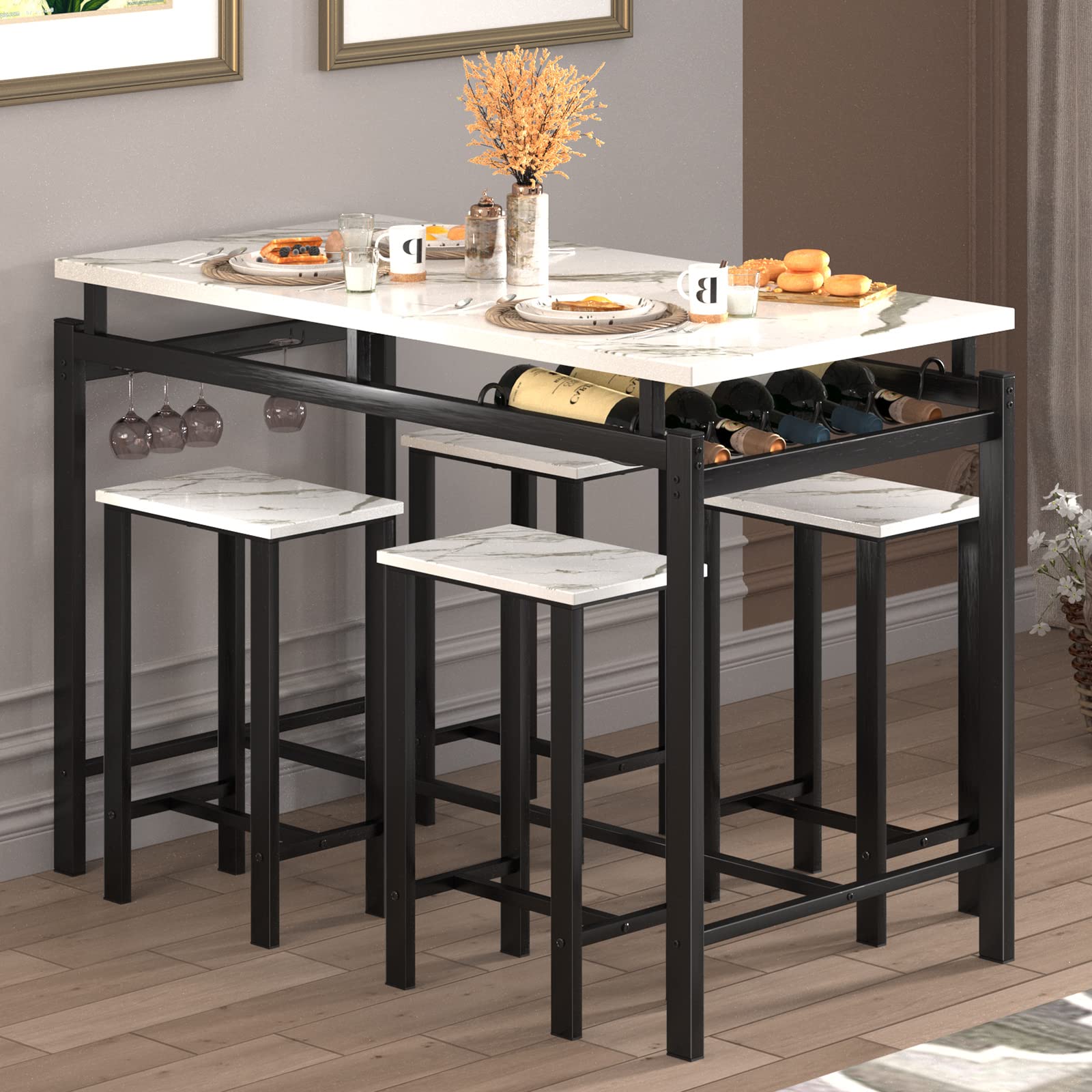 basenji Dining Table Set for 4, 5 Piece Kitchen Table and Chairs with Wine Rack and Glass Holder, Bar Table and Chairs Set Space Saving for Pub Breakfast (White Statuario Wine Rack)