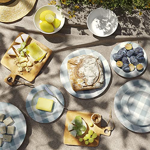 Barnyard Designs 12-piece Melamine Dinnerware Set, Durable Chip-Resistant Dishware for Indoor/Outdoor Use, Service for 4, Light Blue Buffalo Plaid, (Dinner Plate: 11β, Salad Plate: 8.5β, Bowl: 7β)