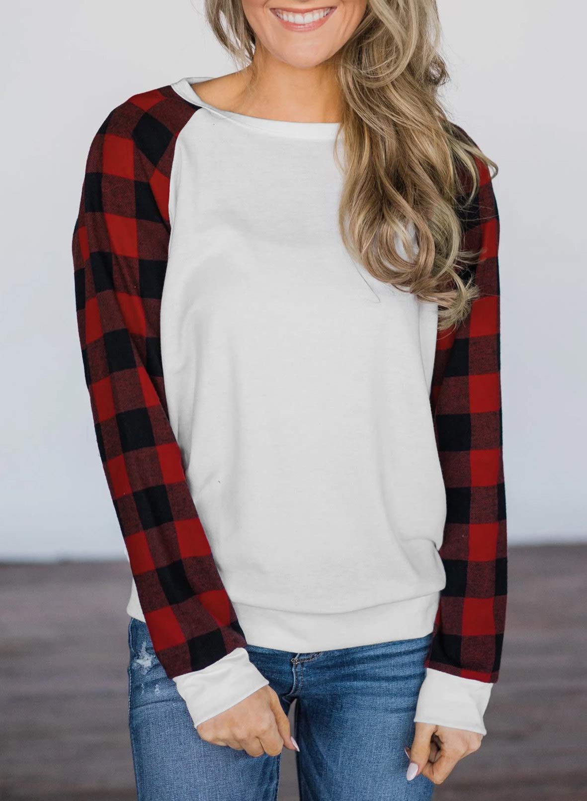 Bdcoco Women's Plaid Print Long Sleeve White Blouse Tops Casual Sweatshirts