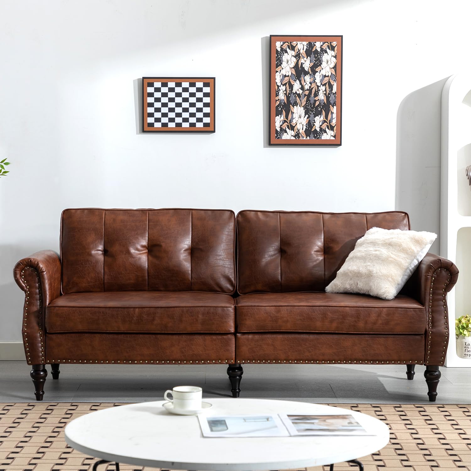DIFY 80ā Leather Faux Loveseat Sofa, Mid-Century Modern Couch with Soft Cushion and Firm Structure, Perfect Furniture for Living Room, Bedroom, Small Space.(Dark Brown)