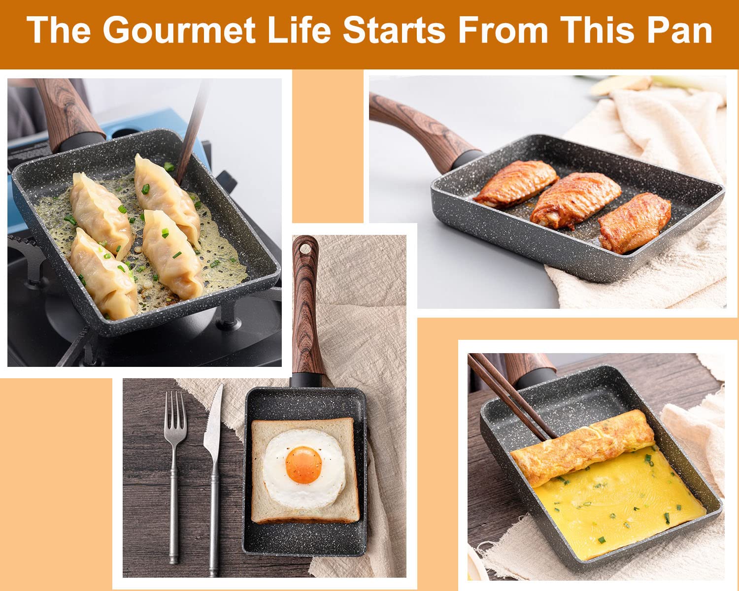 BaronCara Tamagoyaki Pan with Spatula and Brush, Egg Pan, Japanese Nonstick Omelette Pan, Rectangle Tamago Pan, Small Frying Pan, 7.5" x 5.5", Grey