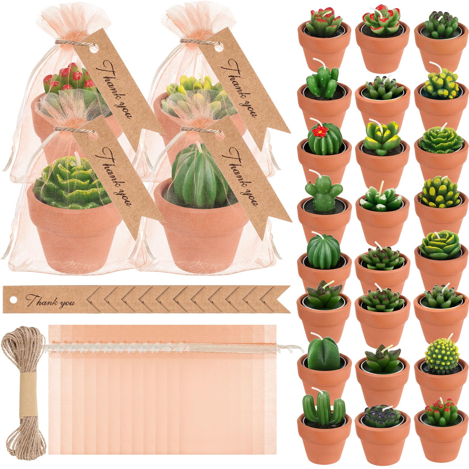 MTLEE 24 Pcs Succulent Candle Tealight Candles Bulk Baby Shower Plant Candles Novelty Fiesta Terrarium Plant Candles with Terracotta Pot Organza Bag Tags Twine for Birthday Wedding Baby Shower Party