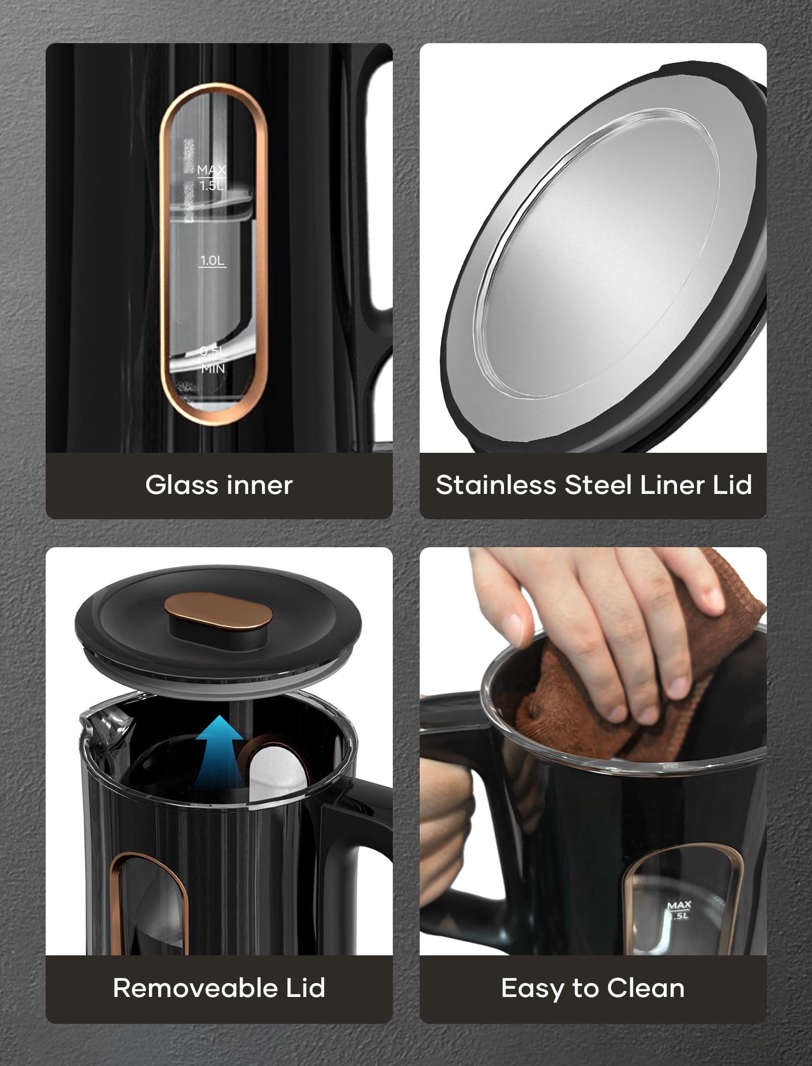 INTASTING Electric Kettle, Double Wall Glass Inner, Hot Water Boiler Heater Pot, 1.5-Liter, 1200 Watts for Fast Boiling, 53oz BPA Free, Glossy Black