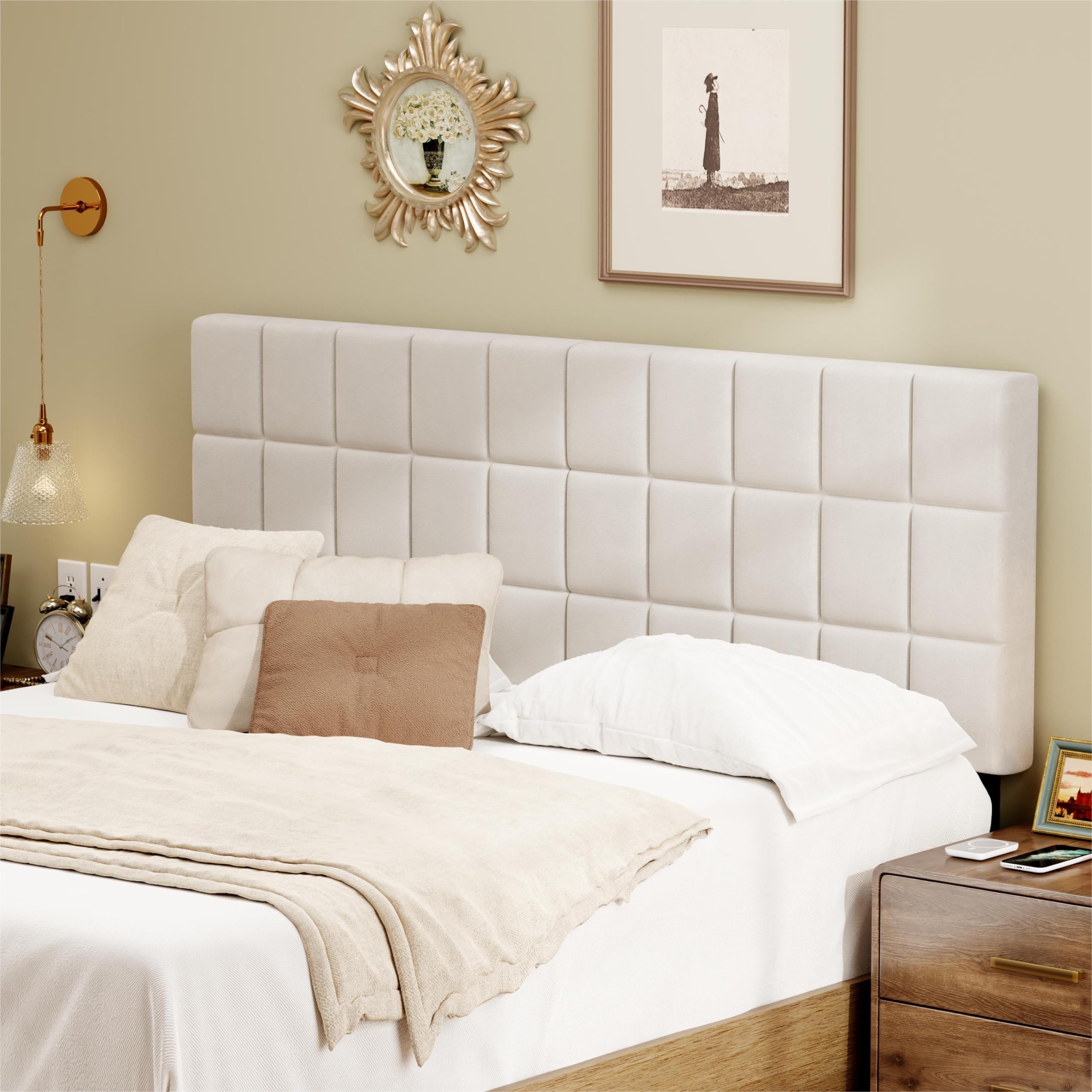 Andeworld Velvet Upholstered Tufted Queen Size Headboard,Wood Head Board with Metal Legs, Adjustable Height from 42β to 56β, Bed Headboard in Modern Design,Backboard for Bed, Beige