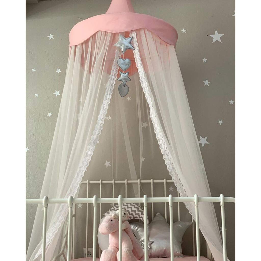 Bed Canopy Princess Crib Netting Lace Round Dome Mosquito Net Hanging Canopy for Baby Room Nersury Decoration Game House Tent, Pink