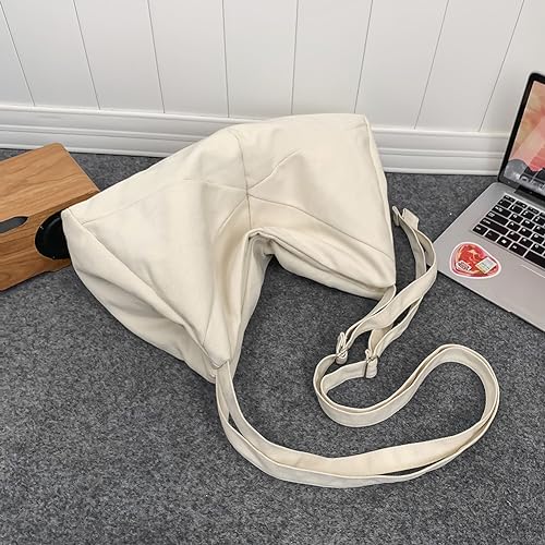 ASIEIT Unisex Canvas Crossbody Bag Wide Adjustable Strap Casual Messenger Bag Versatile Zipper Satchel Bag Large Capacity Foldable Slouchy Travel Bag (White)
