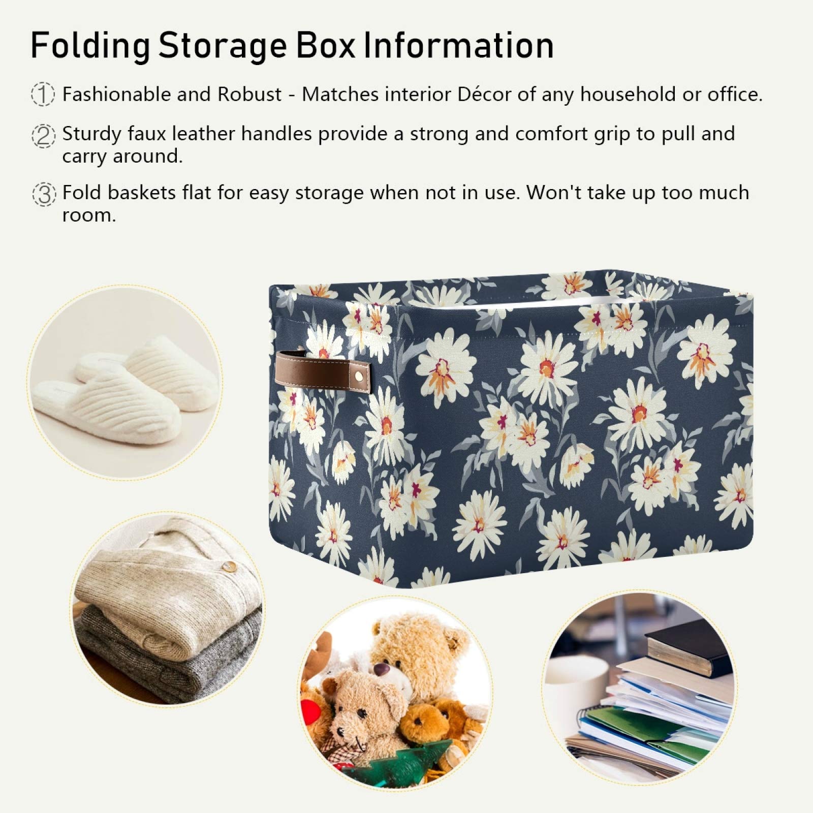 AUUXVA Floral Flower Daisy Leaves Pattern Storage Basket Large Foldable Storage Organizer Cubes Bins with Leather Handles Sturdy Collapsible Boxes for Shelf Cloth Toy Closet-2 Pack