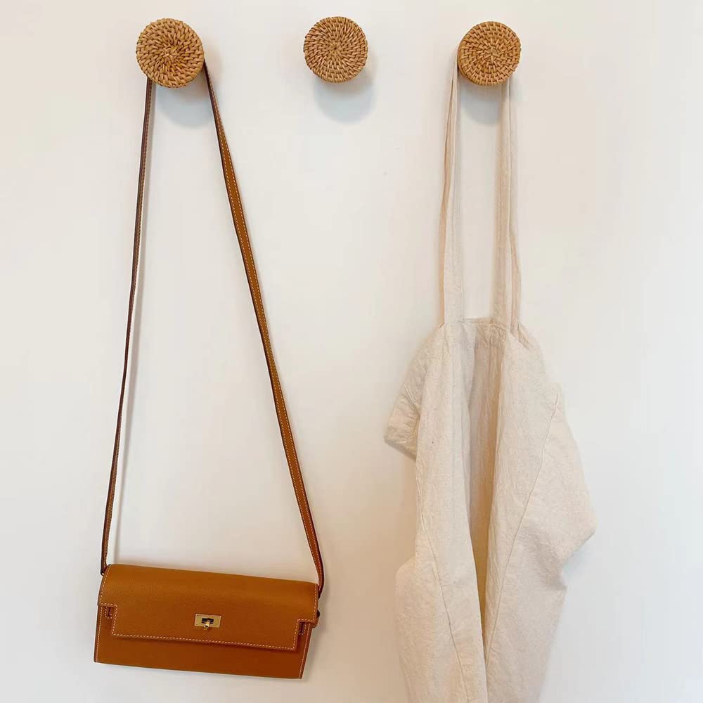 Bohoify 3pc Boho Rattan Wicker Woven Wood Wall Hooks, Handmade Wall Mounts, Rustic Wooden Hook for Hats, Scarfs, Bags, Decorative Home Decor Bathroom Clothes Hanger Organizer (50mm x 35mm, Caramel)