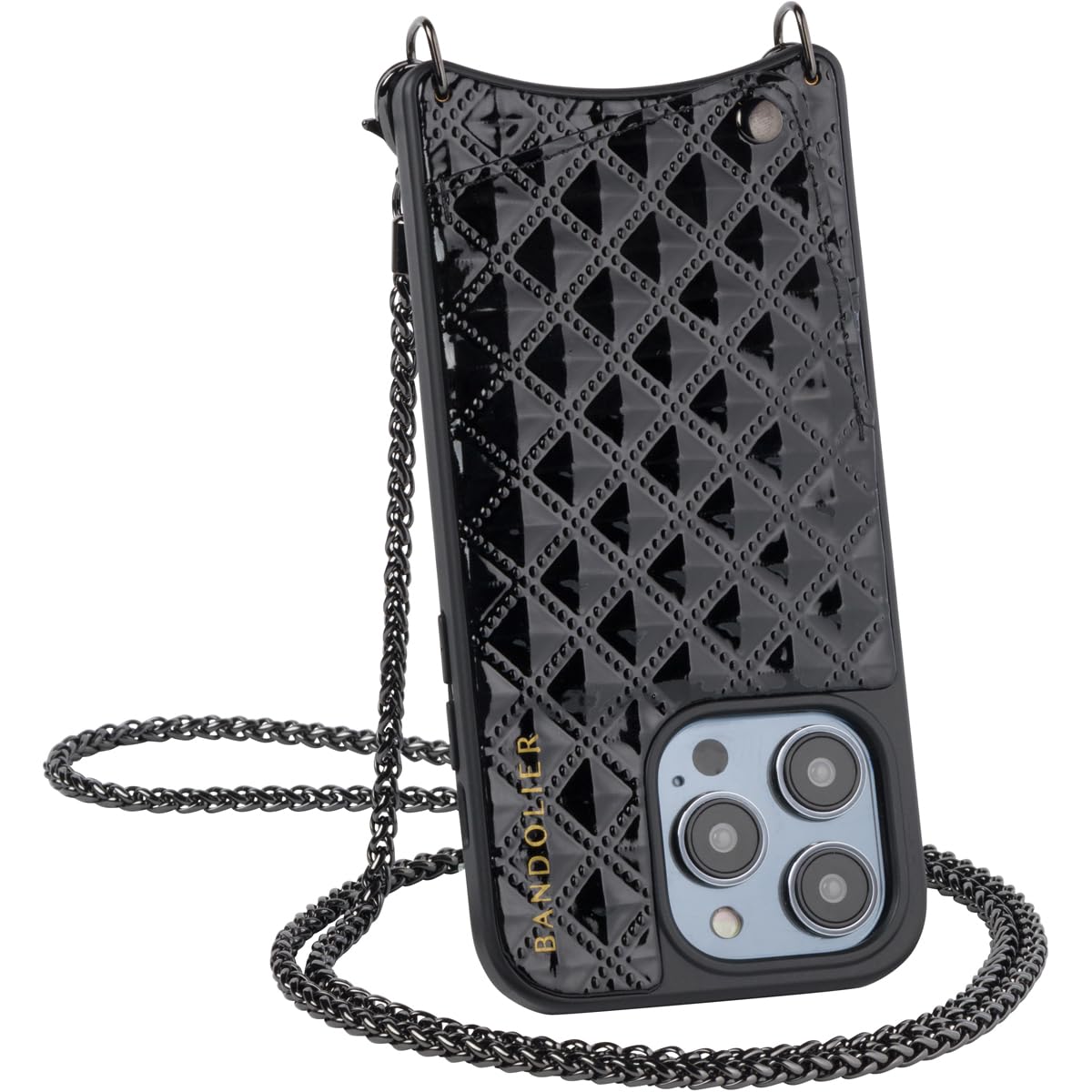 Bandolier Sheila Crossbody Phone Case and Wallet for iPhone 14 Pro - Pyramid Studded Creme Vegan Leather with Gold Detail