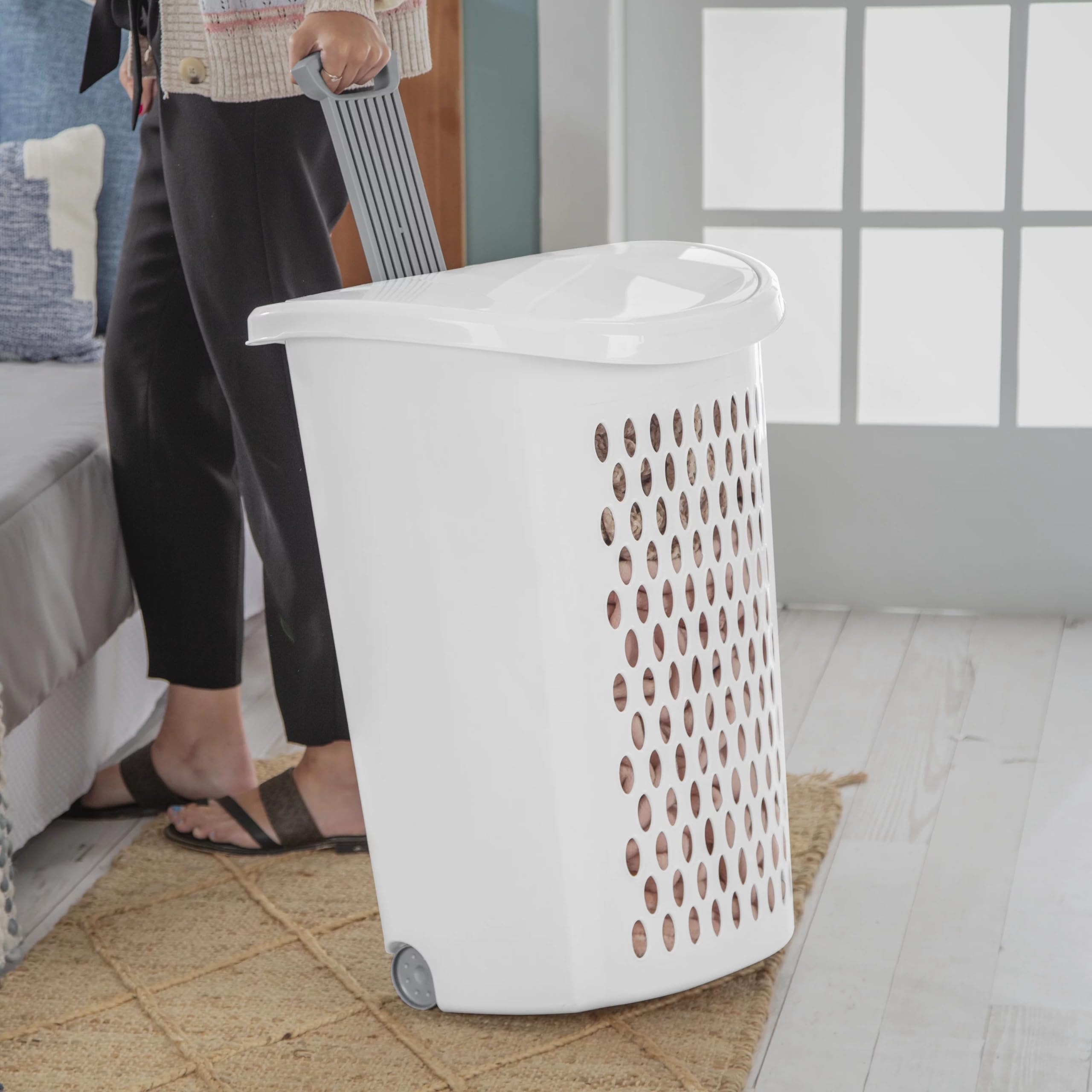 BHCHA Ultra Wheeled Design Clothes Laundry Basket, 135 Liter (20 1/8" x 15 3/8" x 26 3/4")Capacity, Laundry Hamper White Lid & Base w/Plastic Handle & Wheels,1-Pack