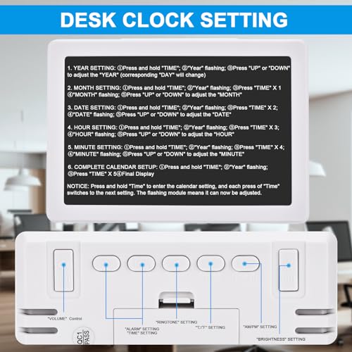 Amgico Digital Alarm Clock with Snooze, Small Clock/Table Clock, 6.3" LED Digital Calendar, 12/24H, Adjustable Brightness/Volume, Desk Clock for Bedroom, Living Room, Office - White