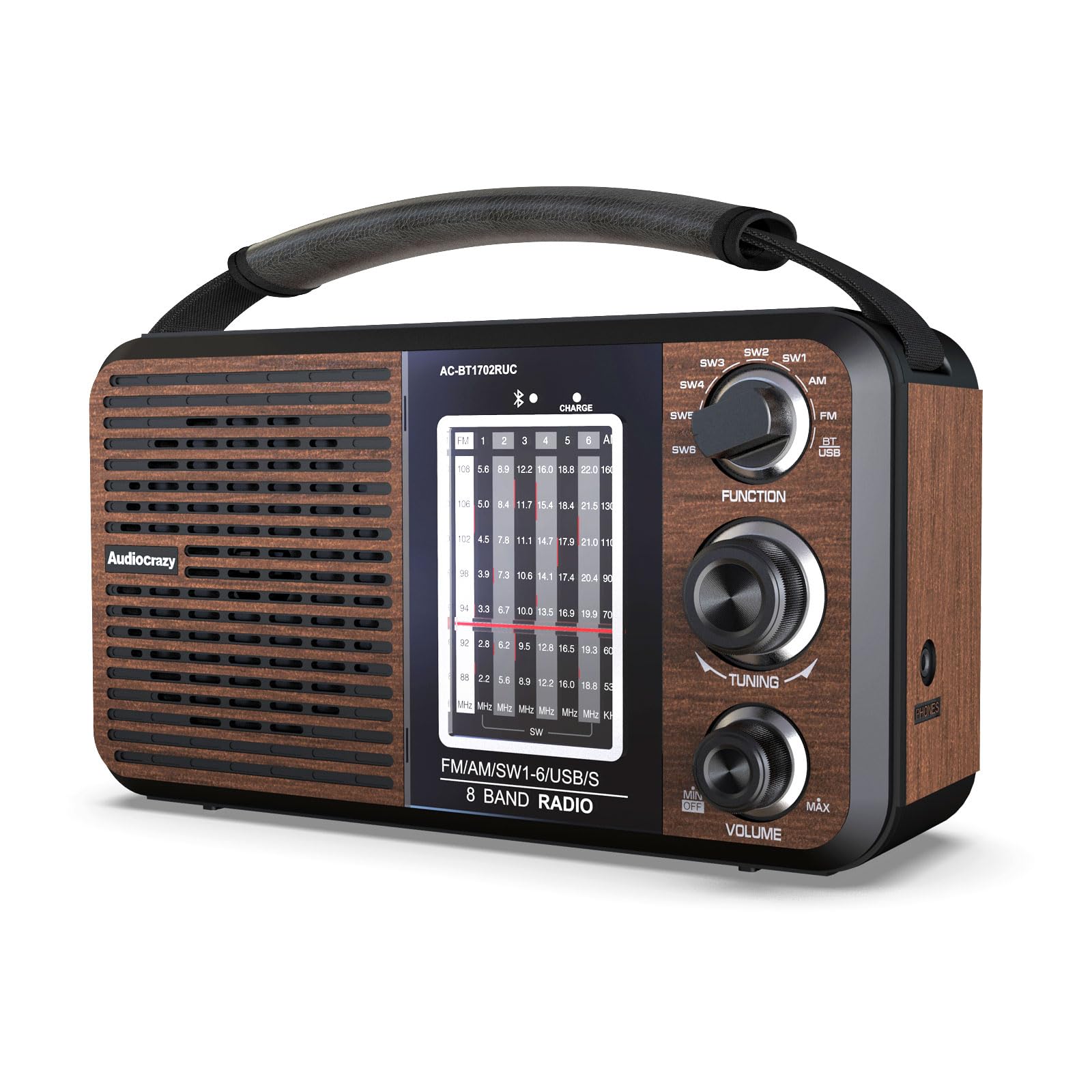 Audiocrazy AM FM Portable Radio Shortwave Radio with Bluetooth,Radio Plug in Wall or Battery Powered,Rechargeable Radio with Strong Recepiton,Headphone Jack,SD/USB Slot,Good for Home Seniors Elderly